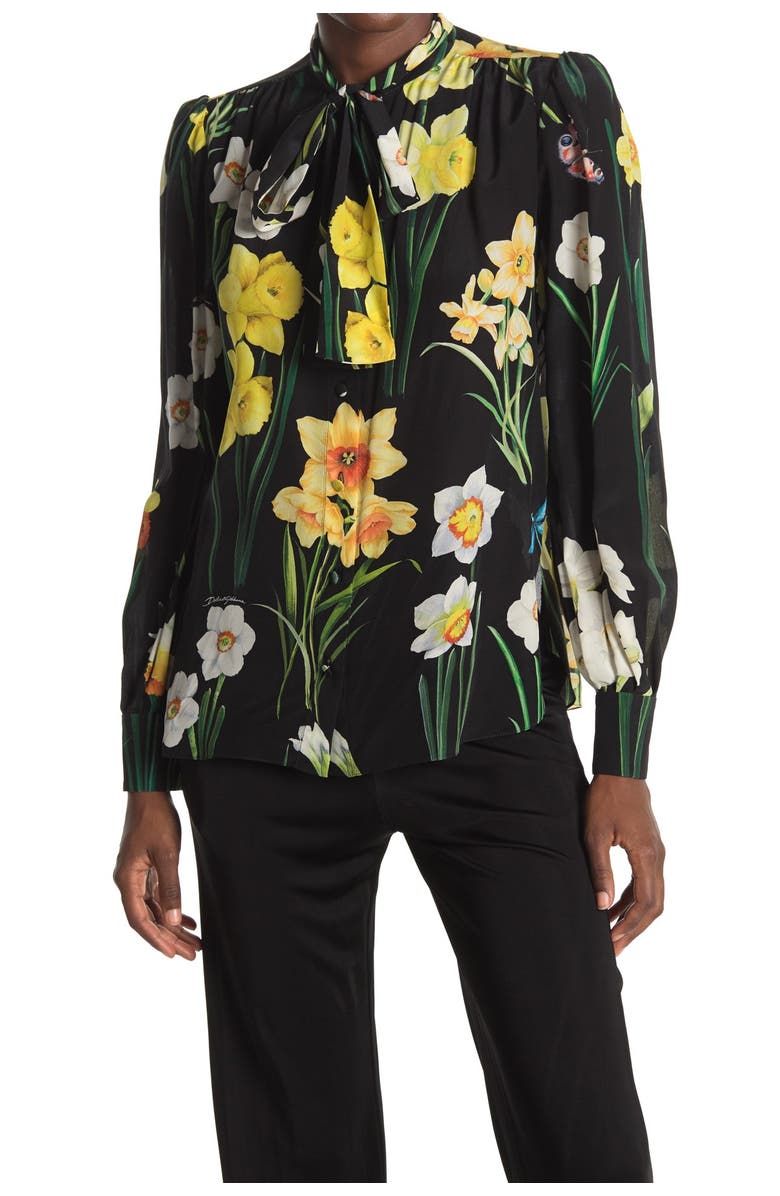 Dolce&Gabbana Floral Print Silk Tie Neck Blouse | Nordstromrack