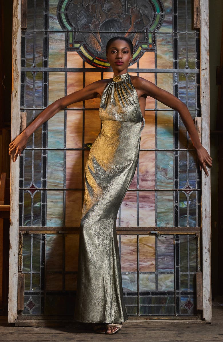 Jewel Badgley Mischka Crystal Trim Halter Neck Mermaid Gown | Nordstromrack