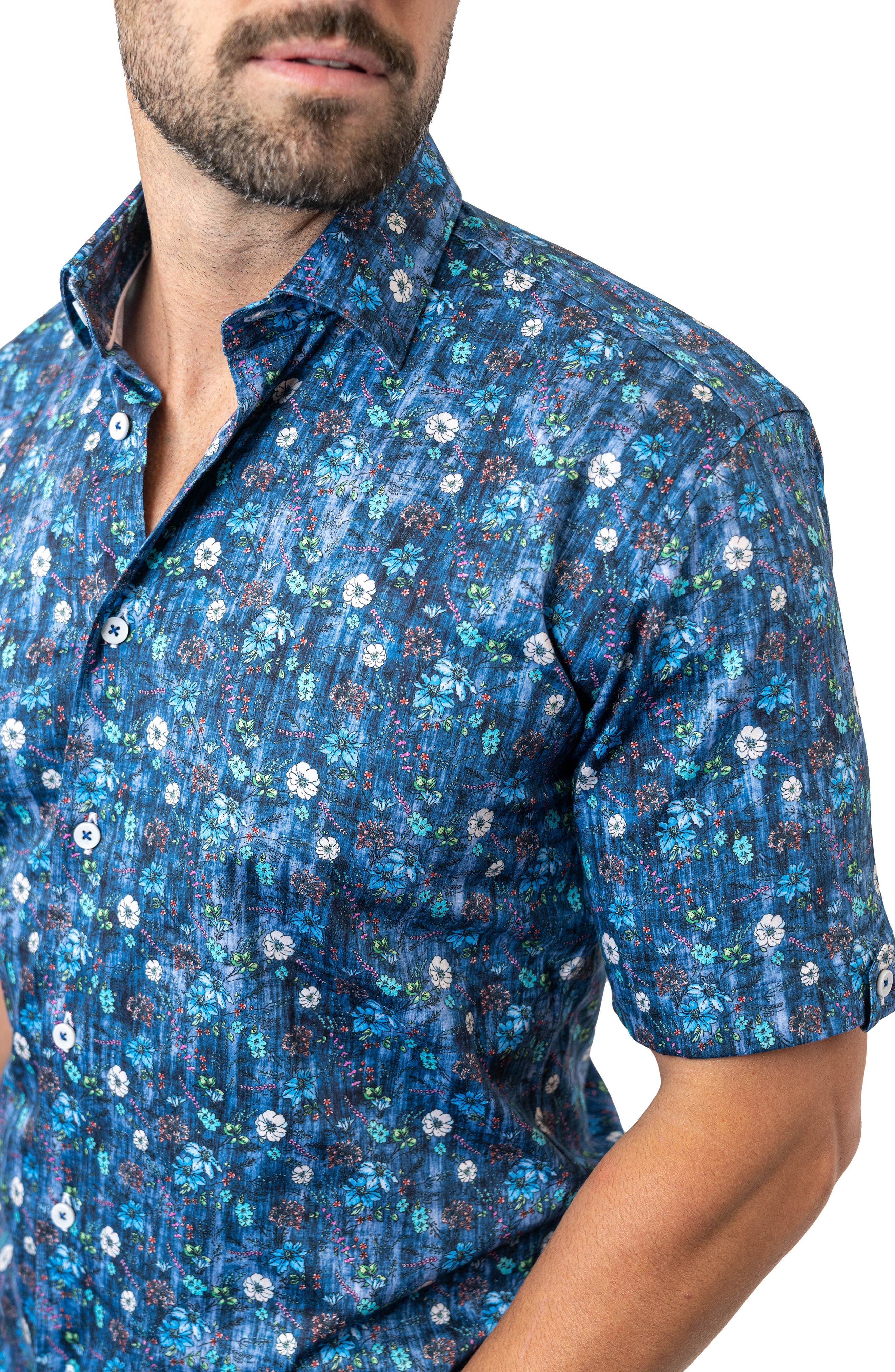 Maceoo Galileo Floral 59 Blue Contemporary Fit Short Sleeve Button-Up ...