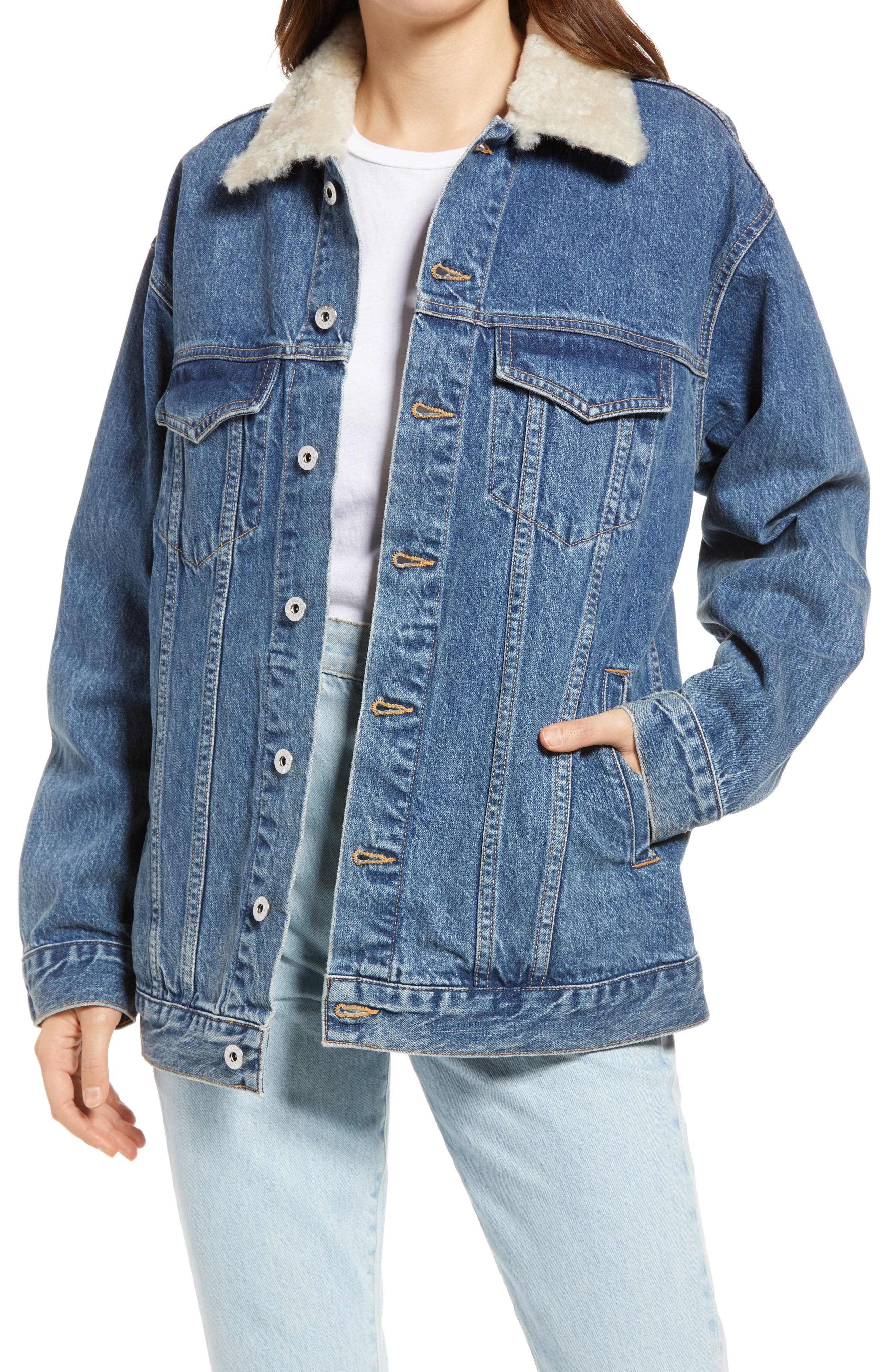 SLVRLAKE Genuine Shearling Collar Denim Jacket | Nordstrom