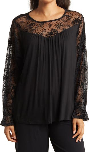 Belldini Flocked Floral Illusion Long Sleeve Blouse | Nordstromrack