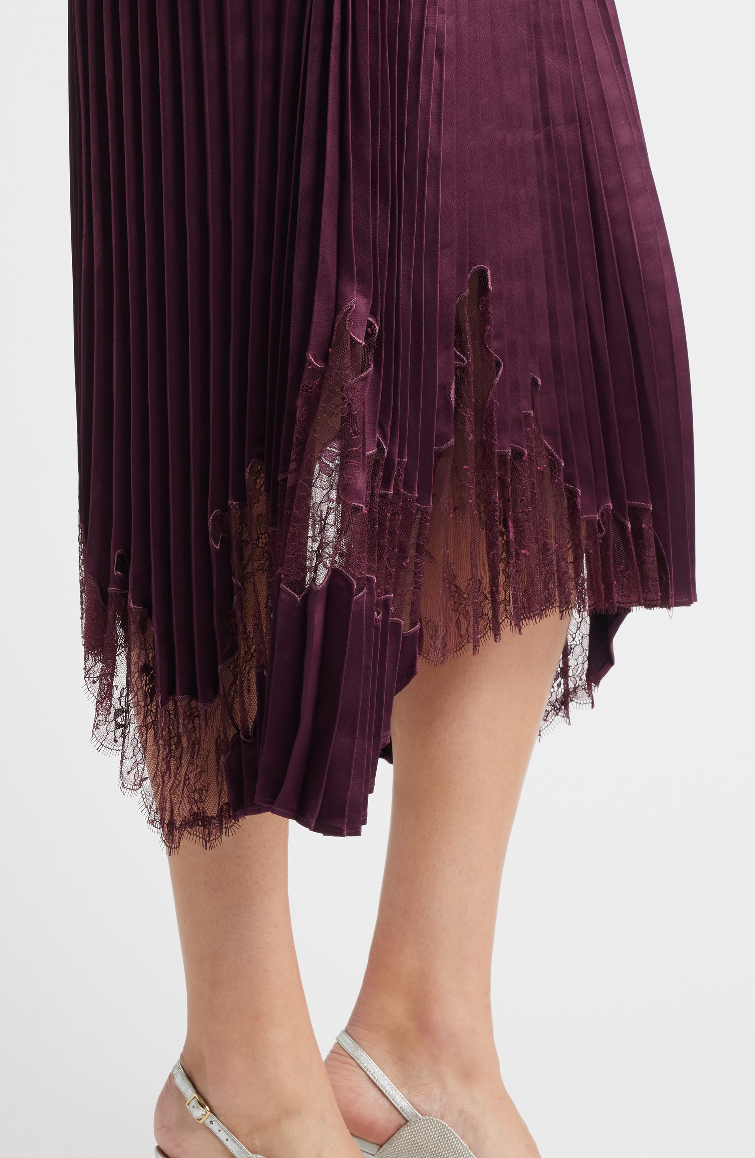 BOSS Velacey Lace Detail Pleated Asymmetric Satin Skirt | Nordstromrack
