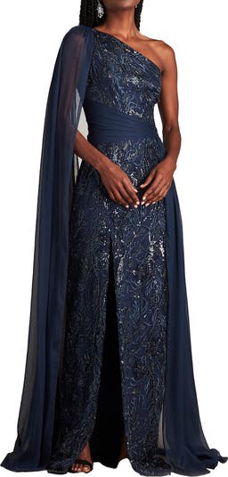 Tadashi Shoji Cap Detail One-Shoulder Sequin Floral Gown | Nordstrom