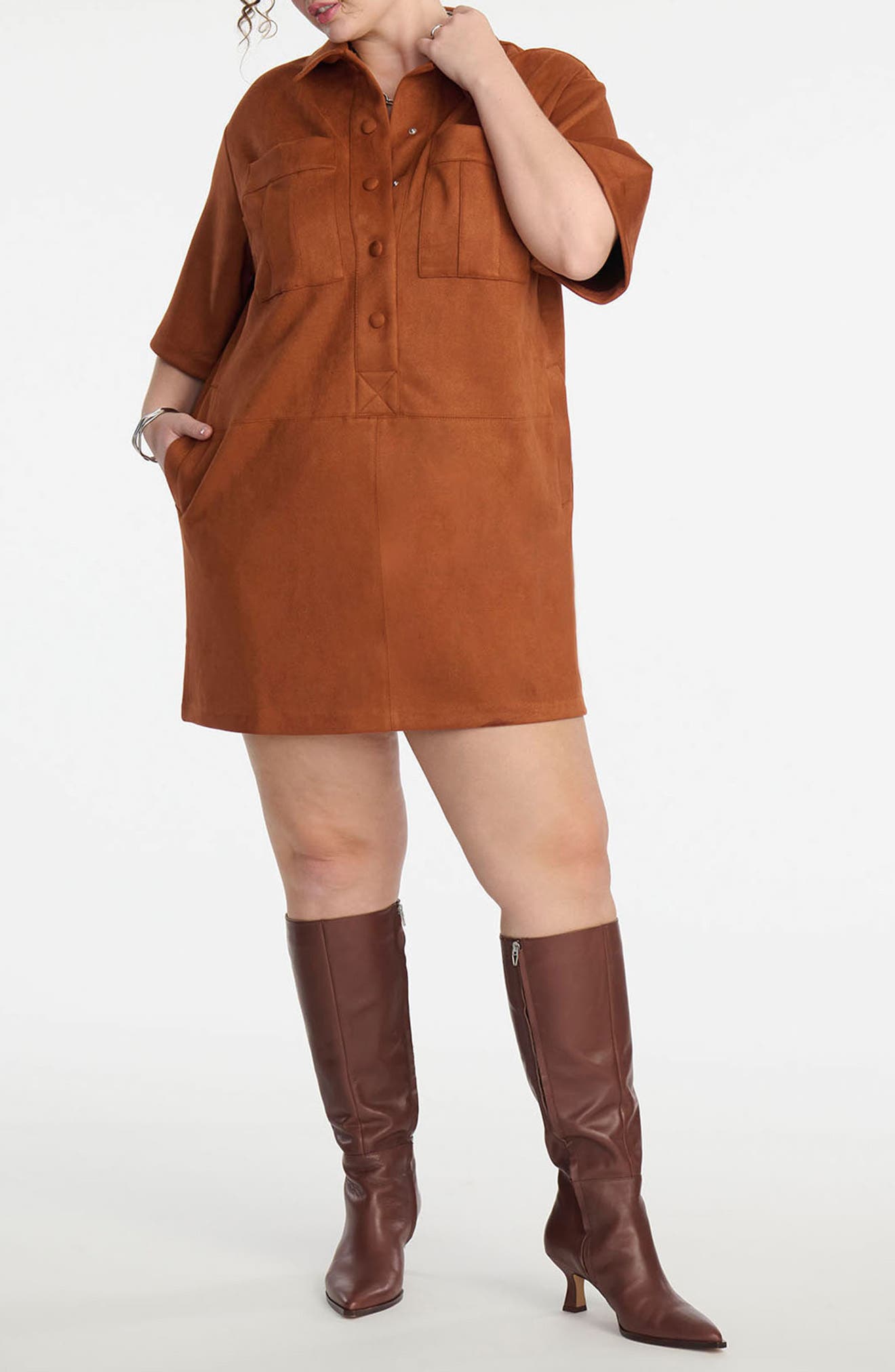 ELOQUII Faux Suede Mini Shirtdress | Nordstrom