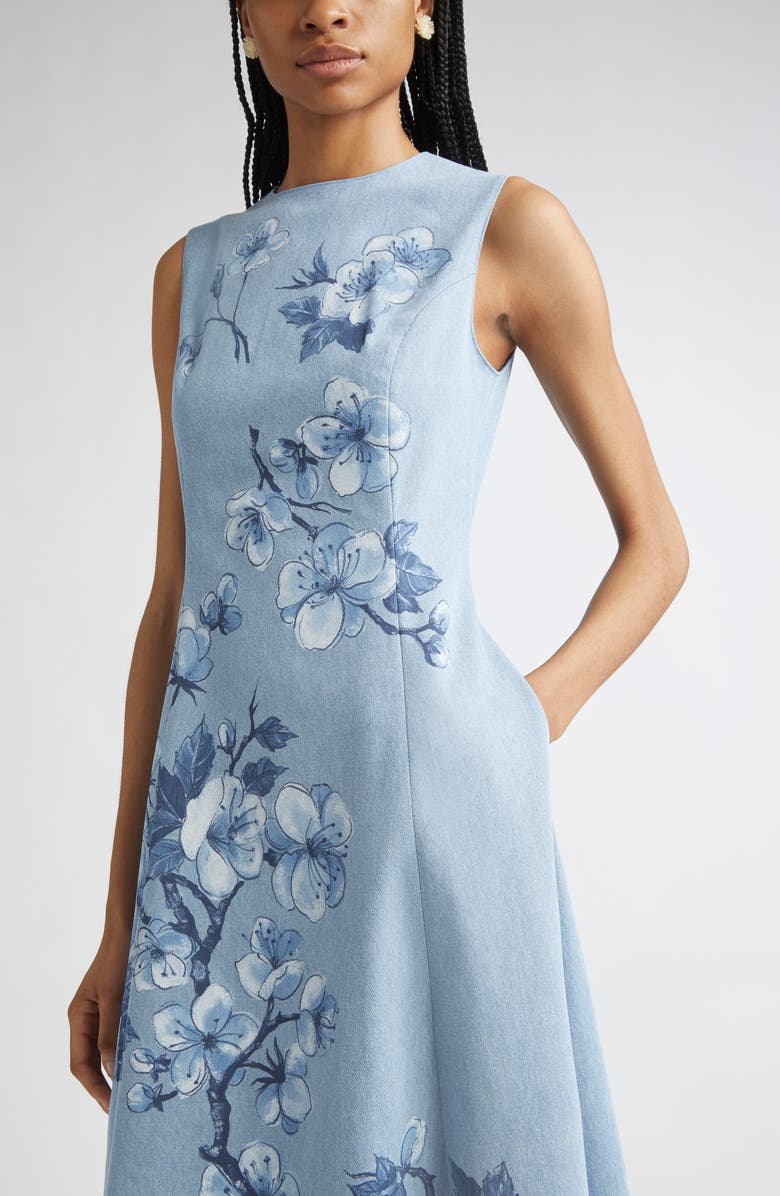 Oscar de la Renta Cherry Blossom Denim Midi Dress | Nordstrom
