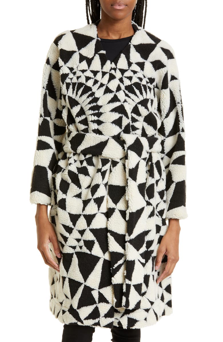 FARM Rio Heart Deco High Pile Fleece Wool Blend Belted Coat | Nordstromrack