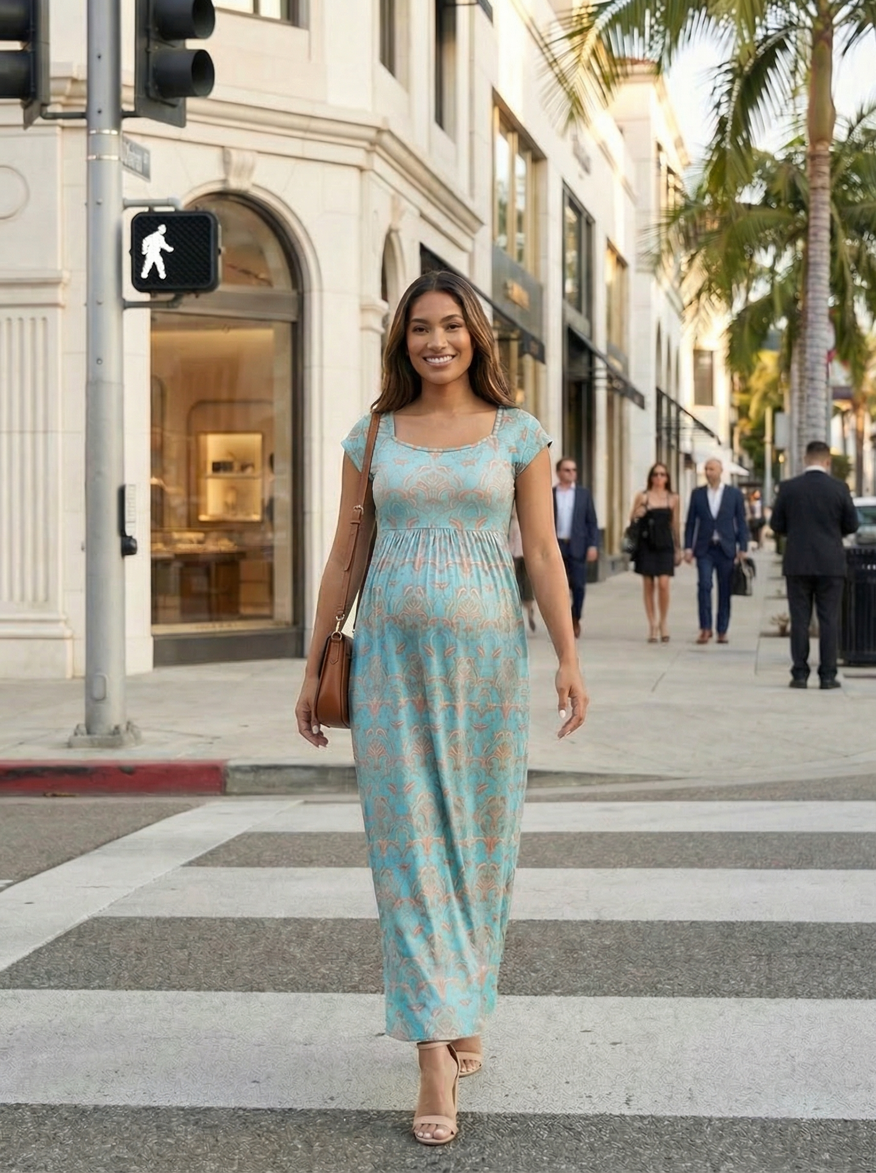 Maternity Abstract Square Neck Cap Sleeve Pleated A-Line Maxi Dress ...