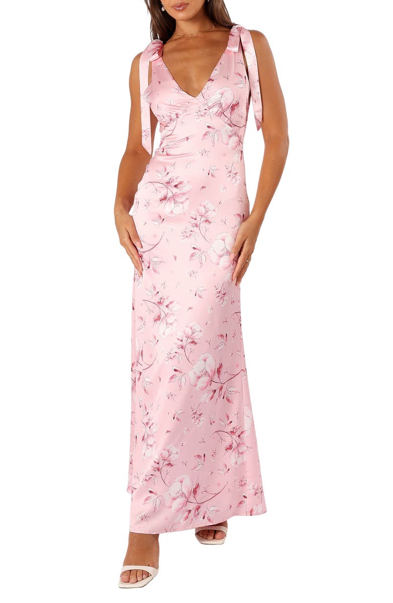 Petal & Pup Xavier Floral Bow Strap Satin Gown | Nordstrom