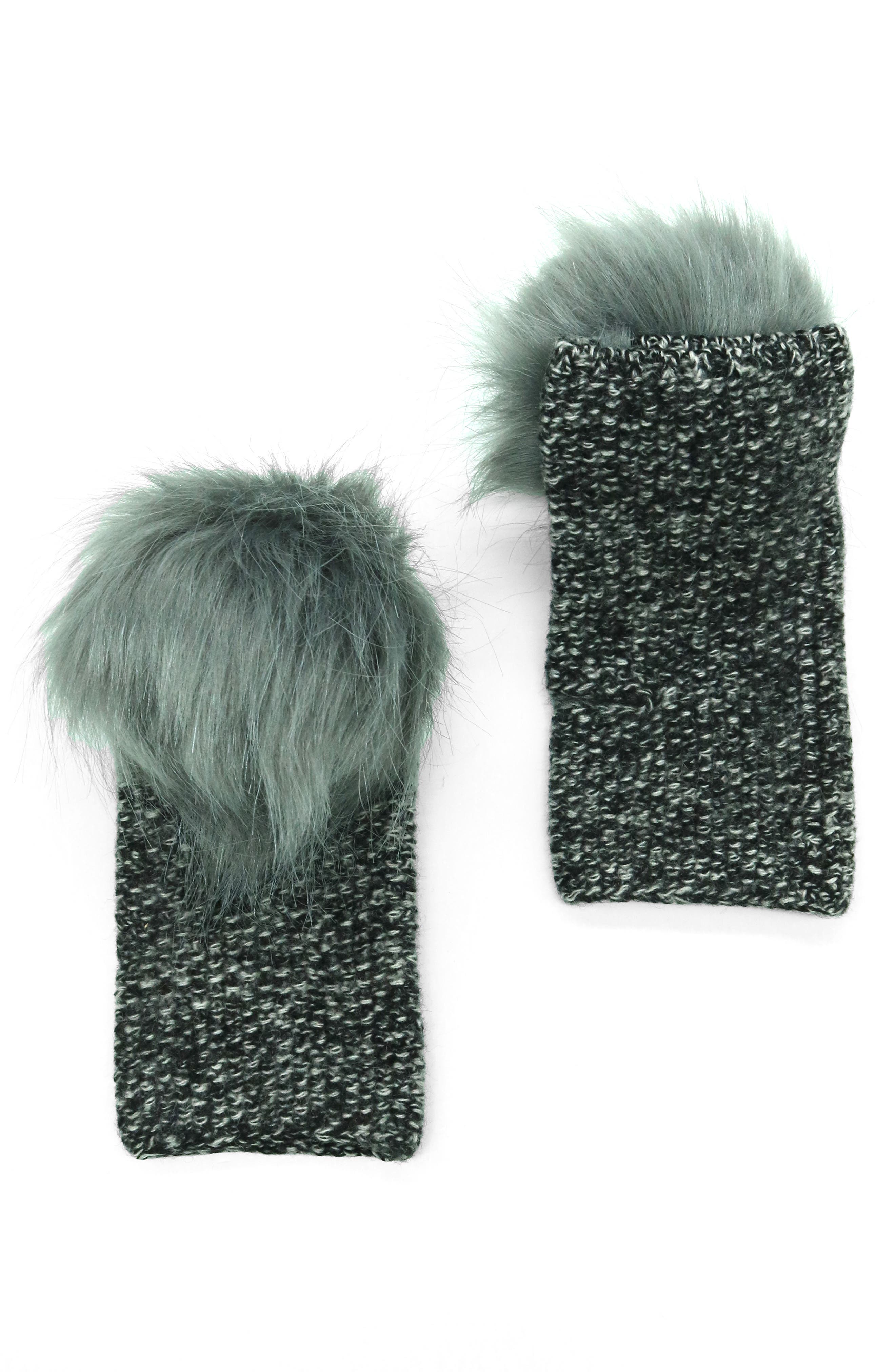 Portolano Faux Fur Pom Cashmere Tweed Fingerless Gloves | Nordstromrack