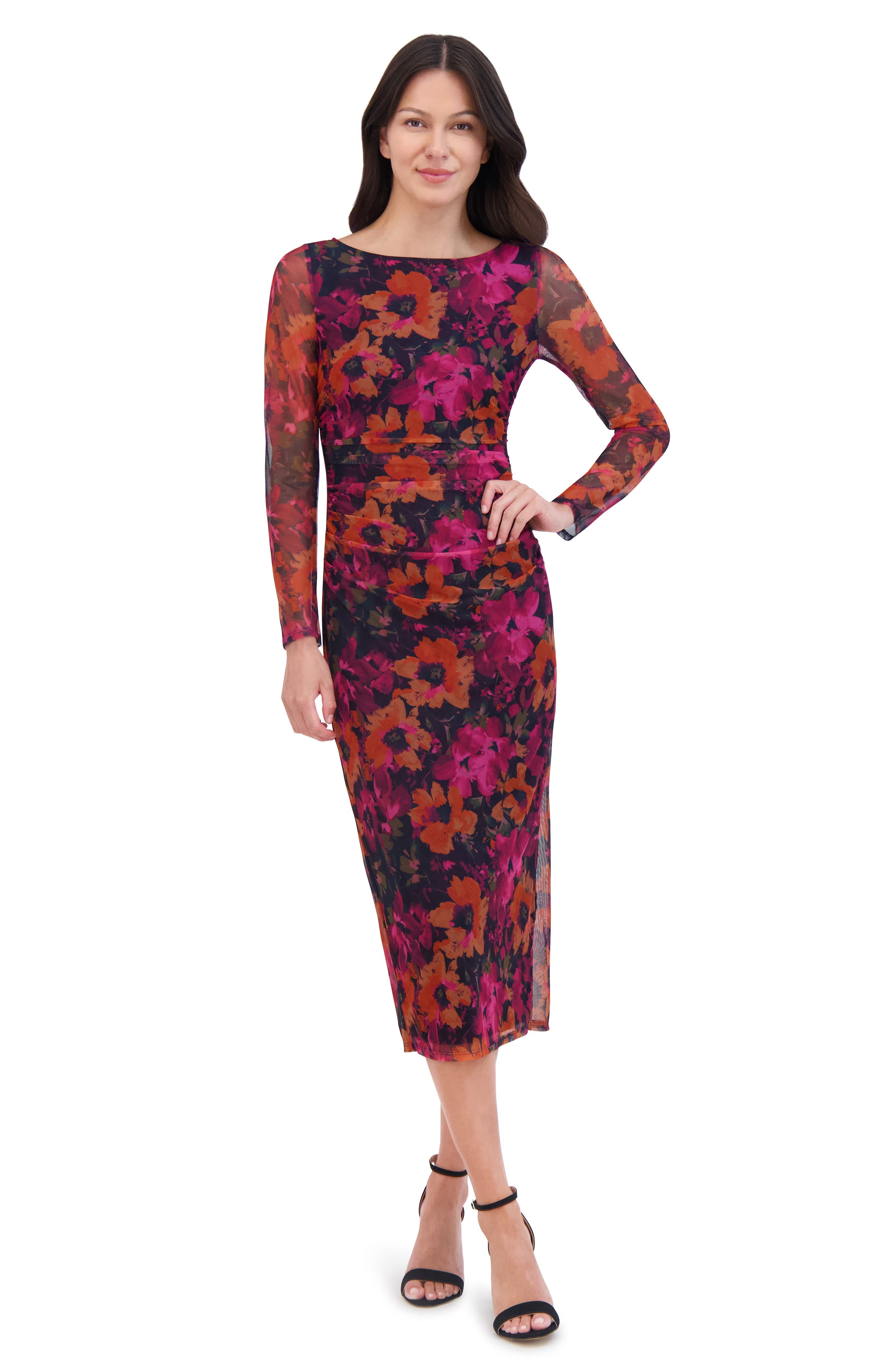 Floral Ruched Long Sleeve Body-Con Midi Dress (Women) | Nordstromrack