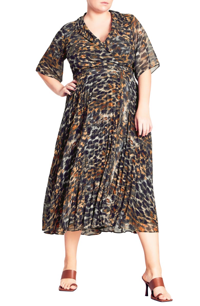 City Chic Riley Animal Print Pleated Faux Wrap Maxi Dress | Nordstromrack