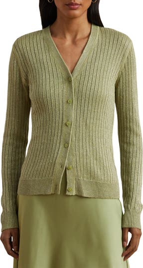 Lauren Ralph Lauren Metallic Linen Blend Rib Cardigan | Nordstrom