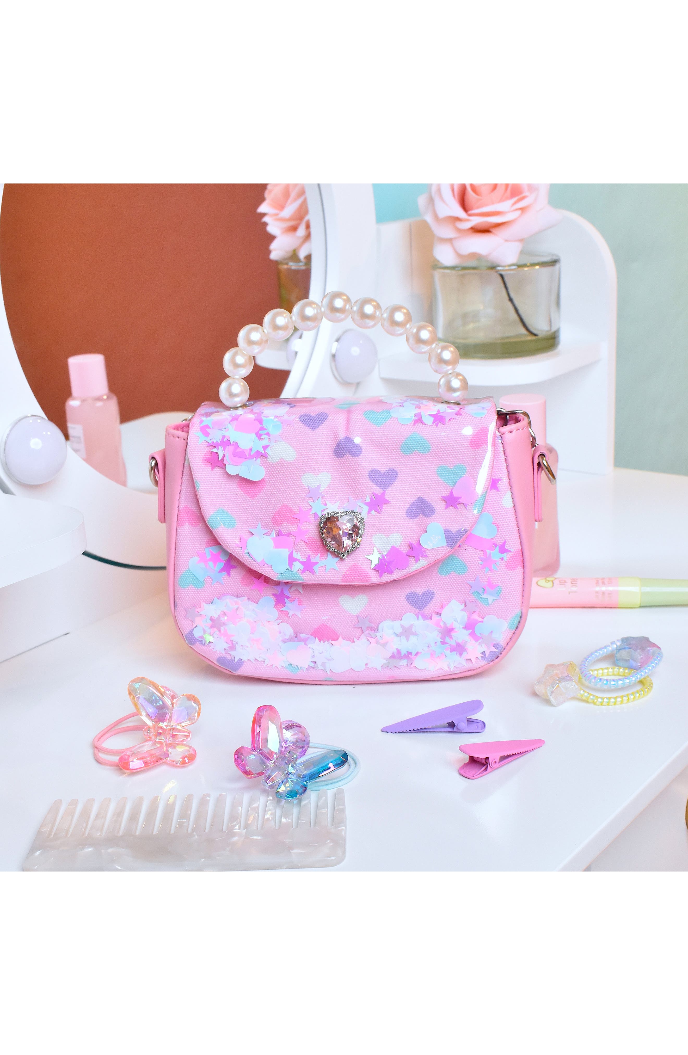 OMG Accessories Kids' Hearts Faux Pearl Handle Confetti Crossbody Bag ...