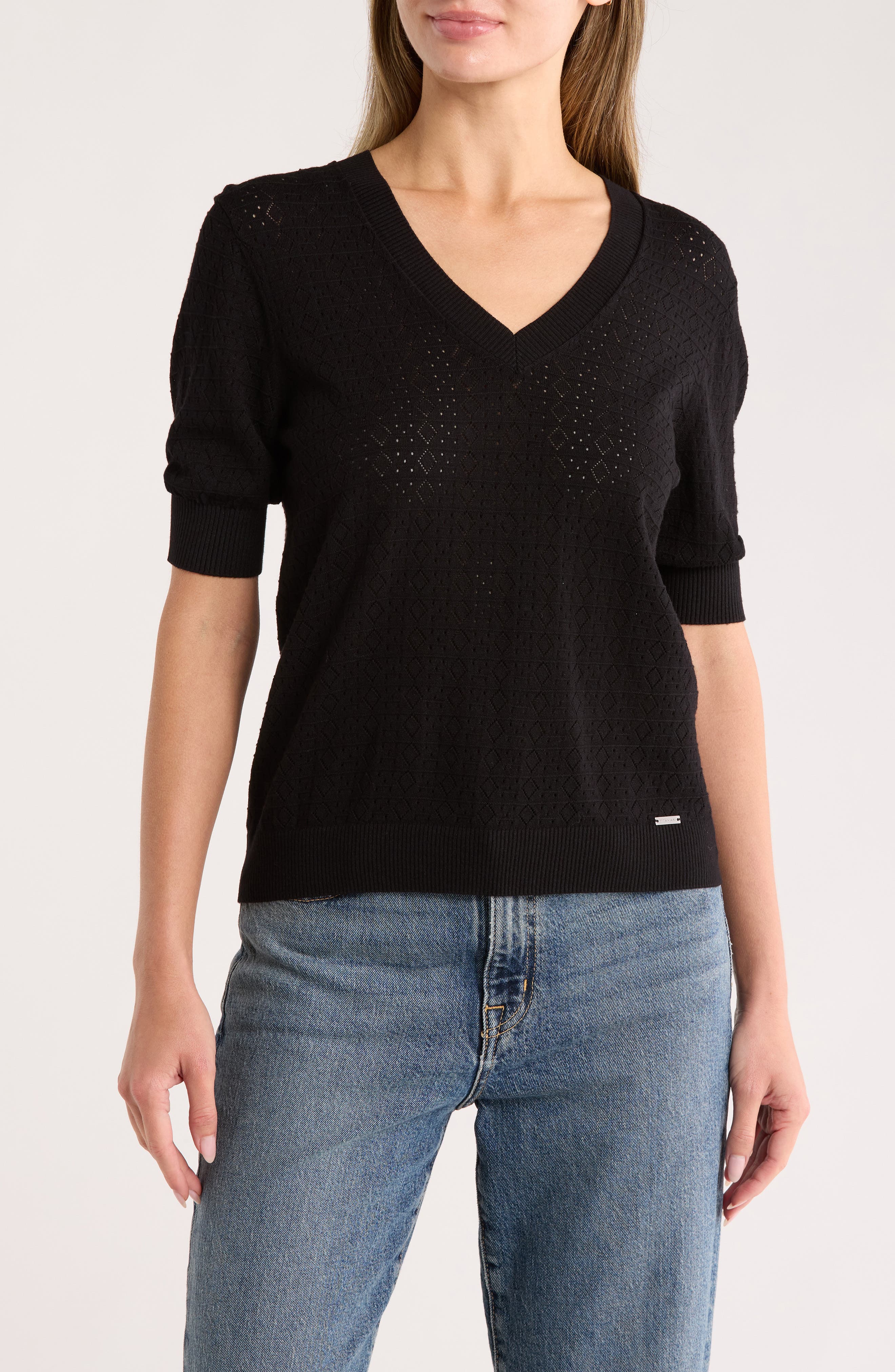 T Tahari Mitered Pointelle V-Neck Short Sleeve Sweater | Nordstromrack