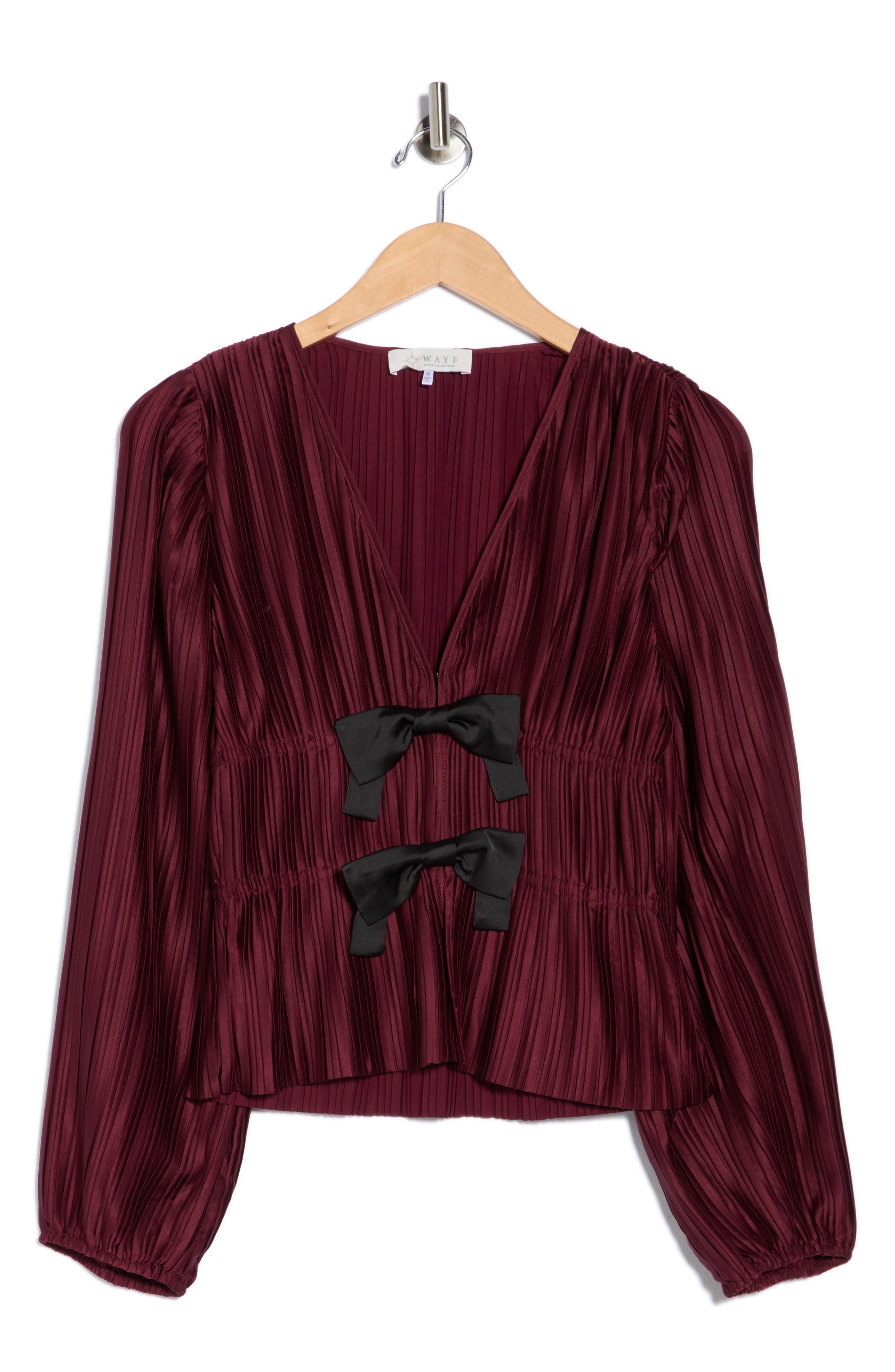 WAYF Bow Long Sleeve Plissé Top | Nordstromrack