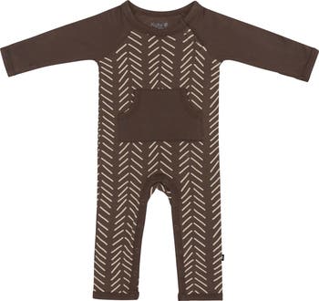 Kyte BABY Espresso Herringbone Print Longall Romper | Nordstromrack
