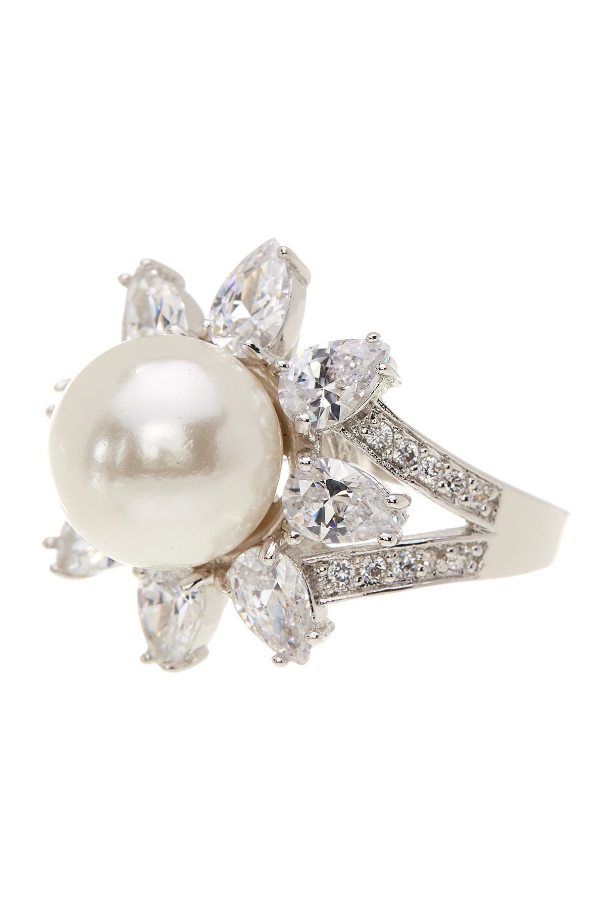 CZ by Kenneth Jay Lane Rhodium Plated Pear CZ & Imitation Pearl Ring ...