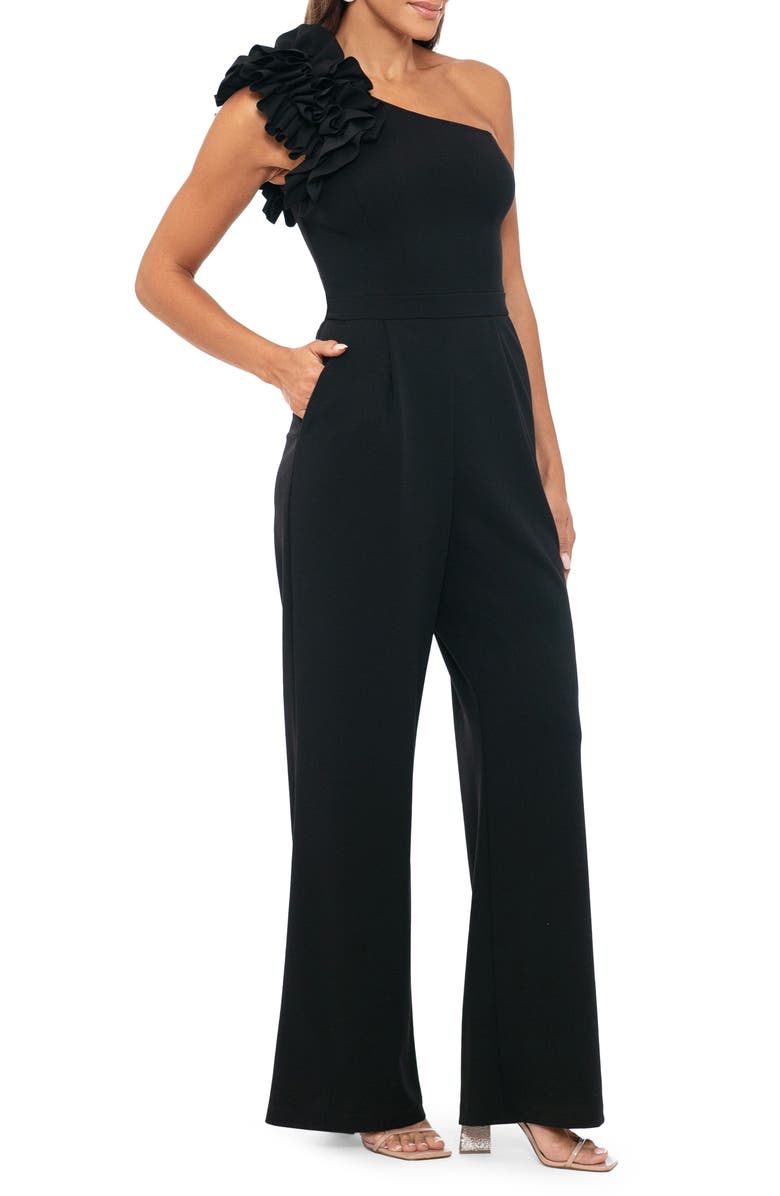 Xscape Evenings Ruffle One-Shoulder Scuba Crepe Jumpsuit | Nordstromrack