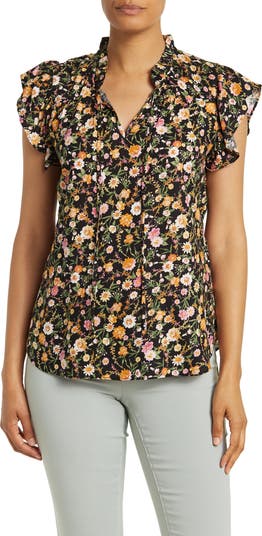 CHENAULT Rayon Challis Floral Flutter Sleeve Blouse | Nordstromrack