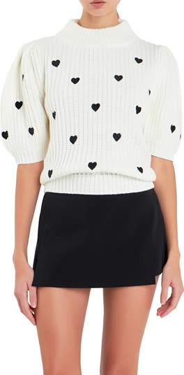 English Factory Heart Embroidered Puff Sleeve Sweater | Nordstrom