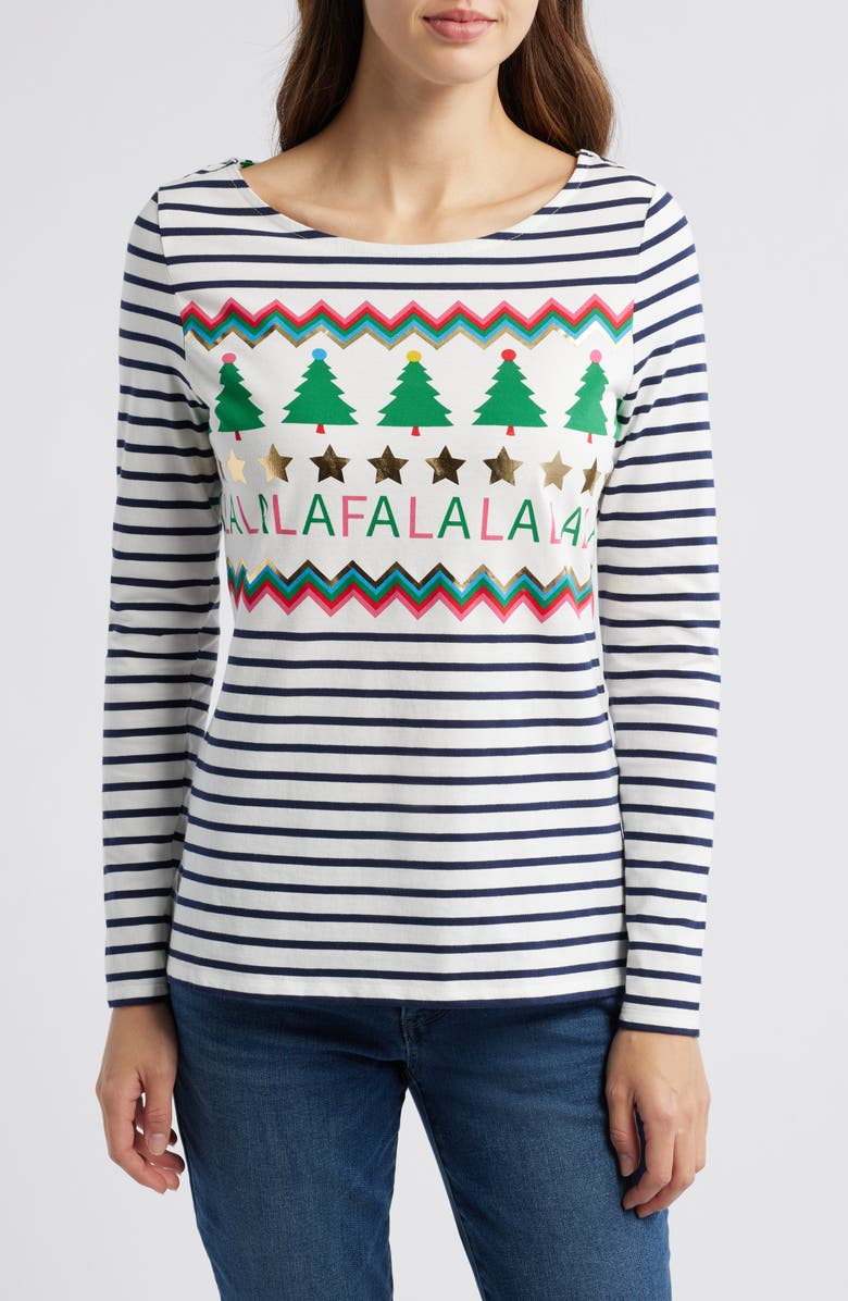 Boden Ella Breton Stripe Holiday Long Sleeve Cotton Graphic T-Shirt ...