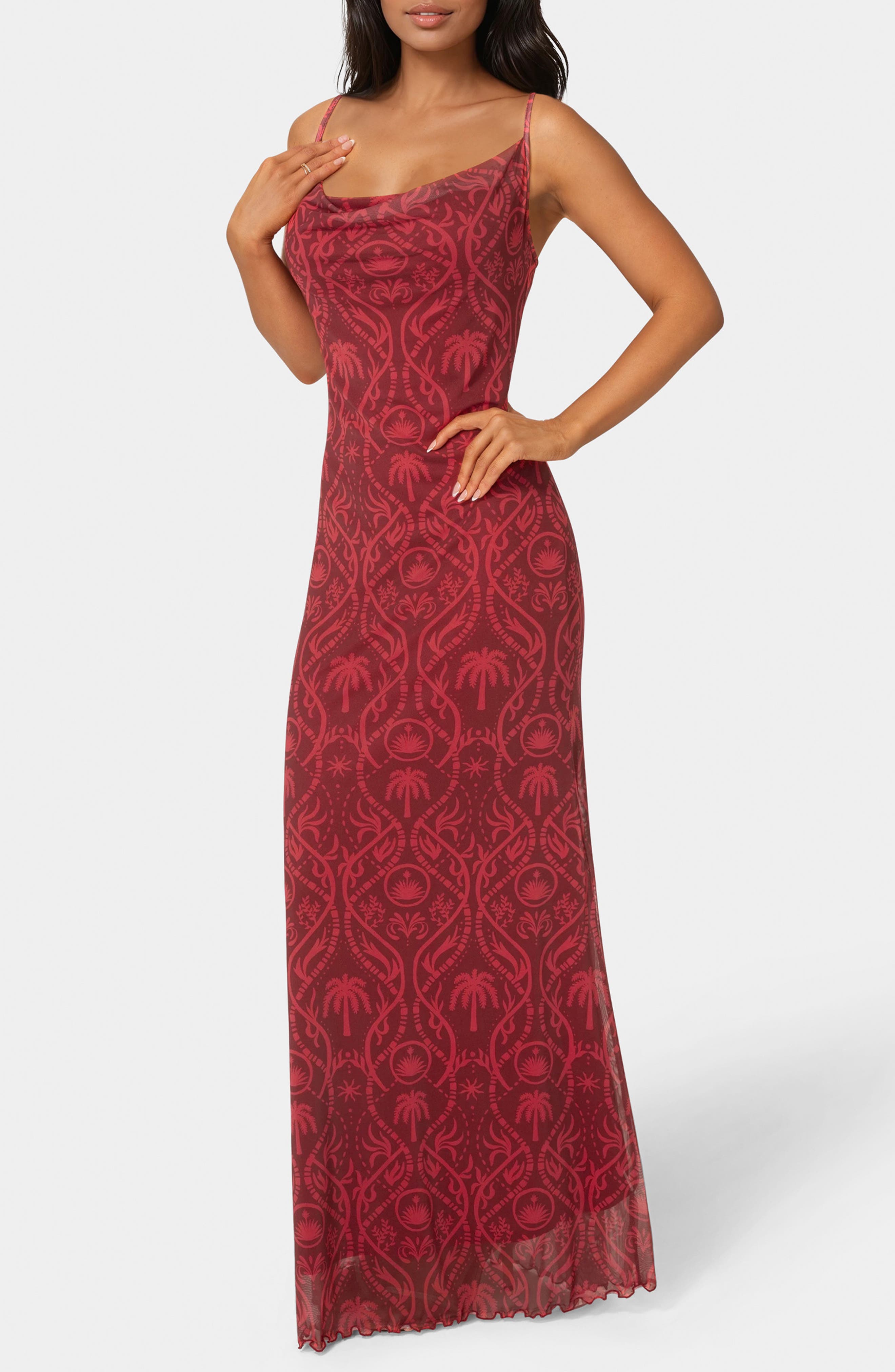 bebe Printed Mesh Cowl Midi Dress | Nordstromrack