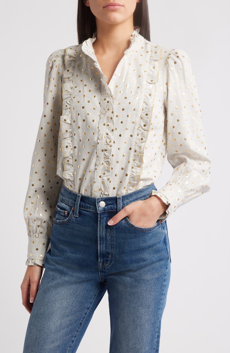 Boden Isla Metallic Polka Dot Ruffle Cotton Button-Up Top | Nordstromrack