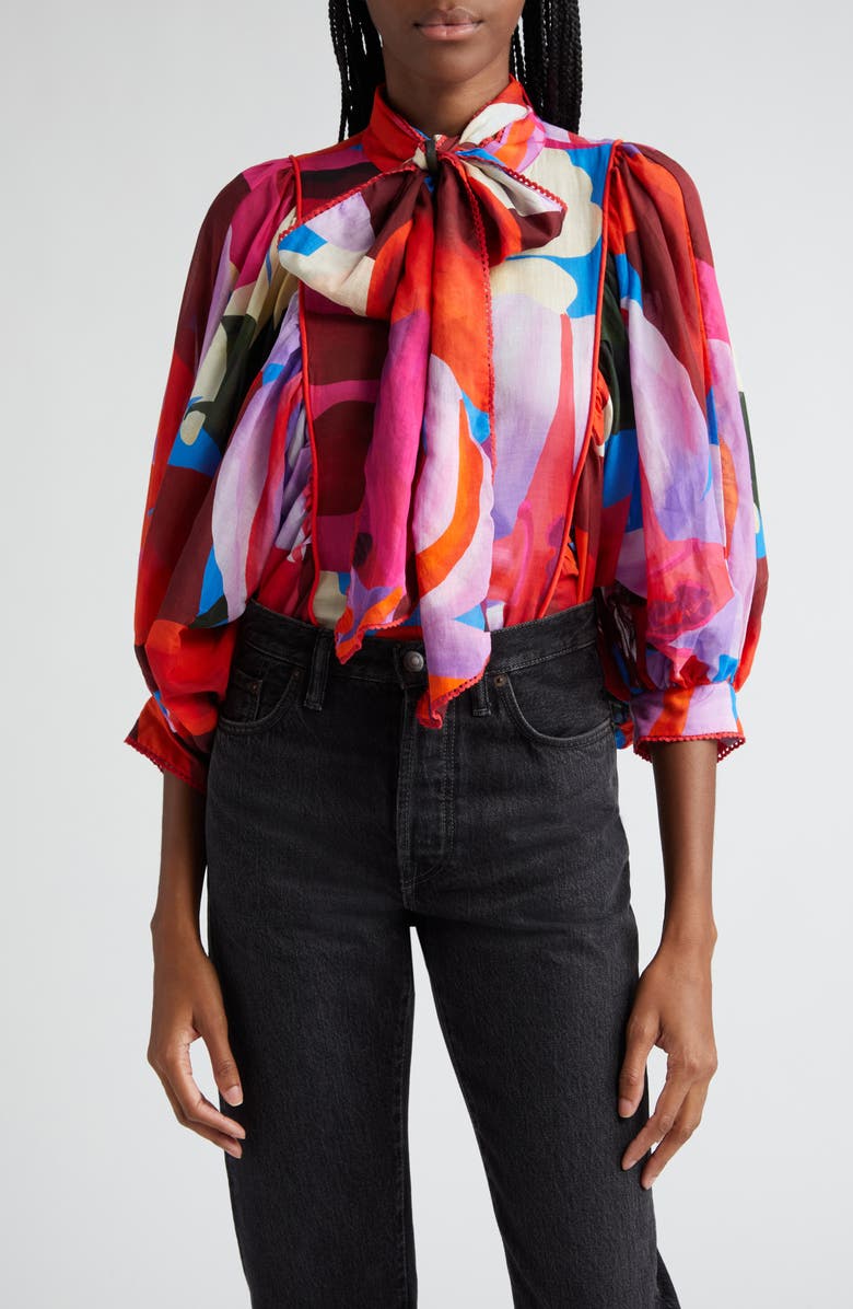 FARM Rio Floral Watercolor Three-Quarter Sleeve Button-Up Top ...
