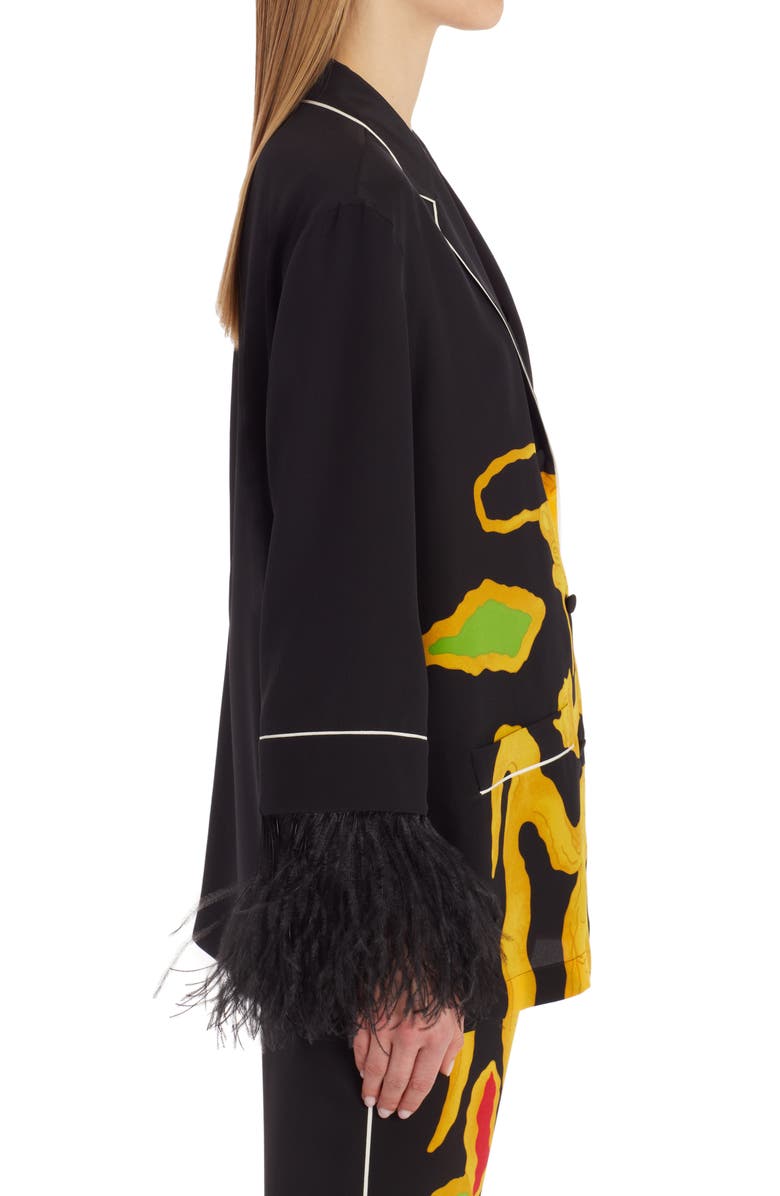 Valentino Garavani Dragon Print Feather Trim Silk Button-Up Shirt ...