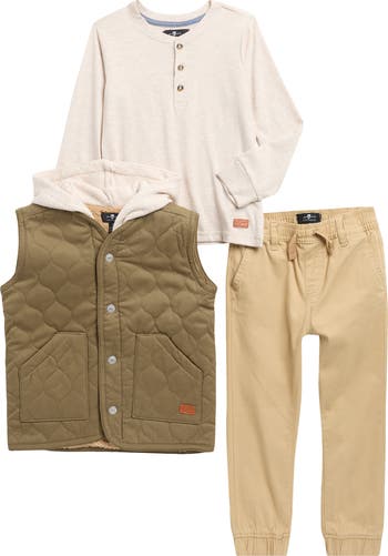 7 For All Mankind Kids' Henley, Joggers & Hooded Quilted Vest Set ...