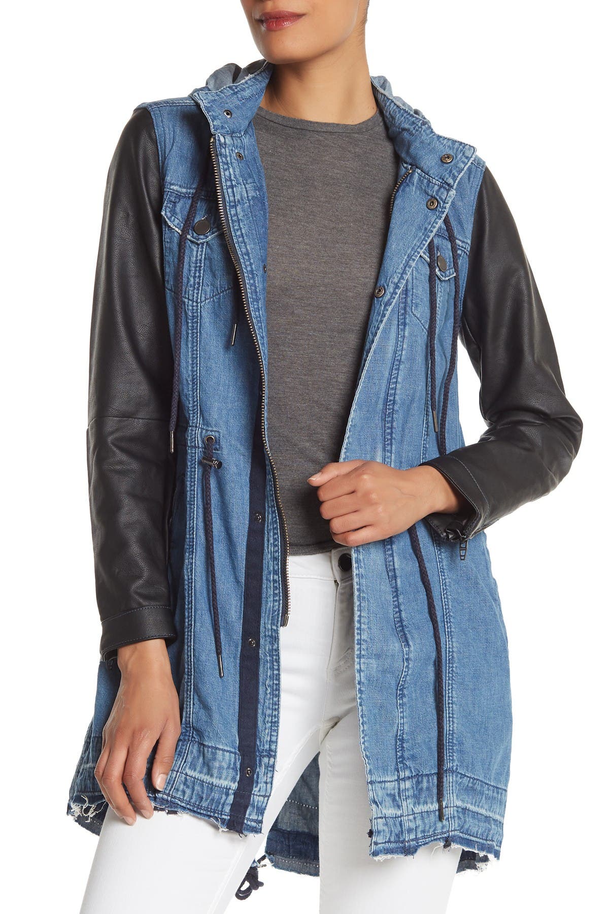 BLANKNYC Denim & Faux Leather Long Hooded Jacket | Nordstromrack