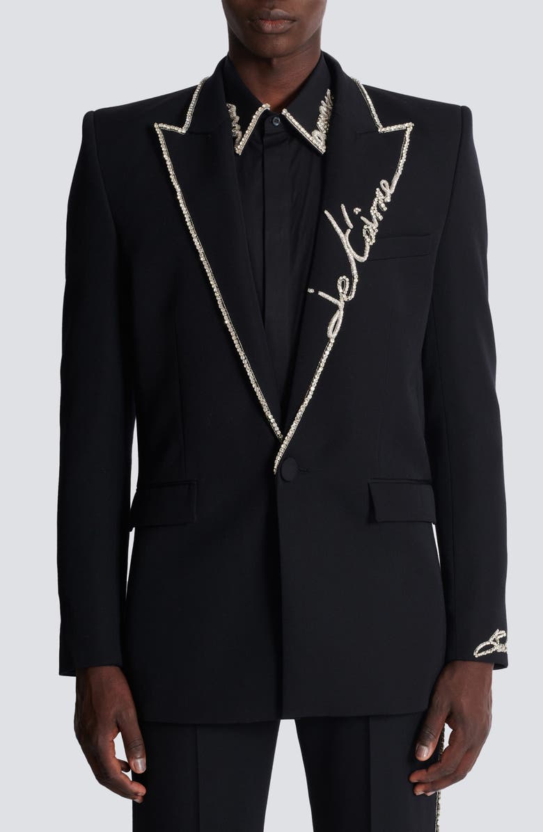 Balmain Love Letter Crystal Piping Wool Grain de Poudre 1-Button Jacket ...