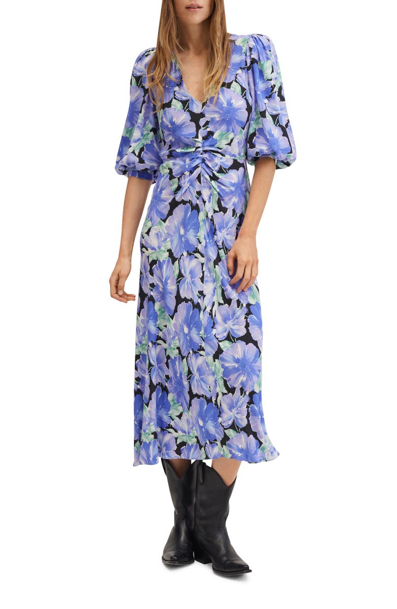 MANGO Floral Print Balloon Sleeve Midi Dress | Nordstromrack