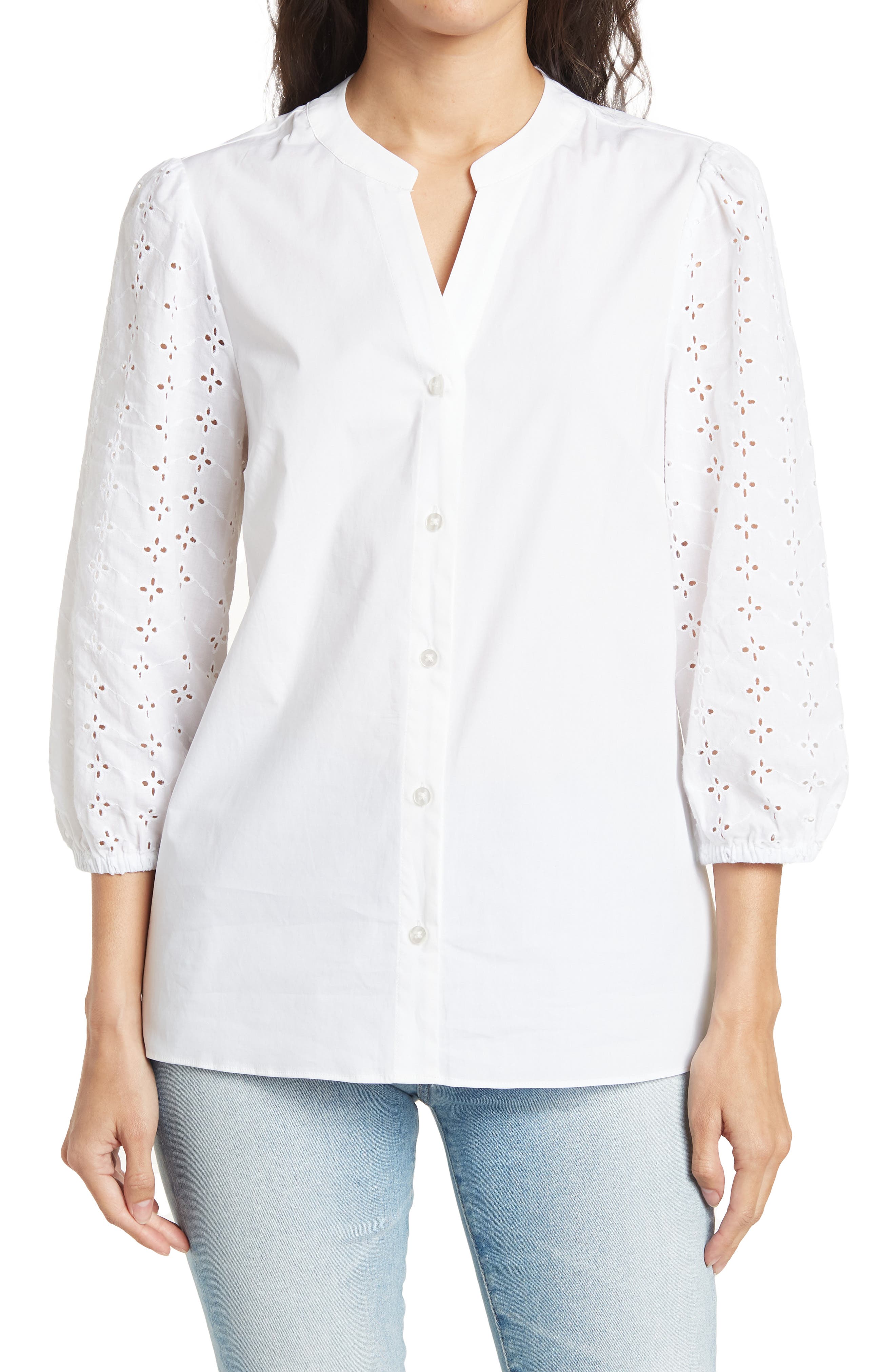 H HALSTON Embroidered Eyelet 3/4 Sleeve Blouse | Nordstromrack