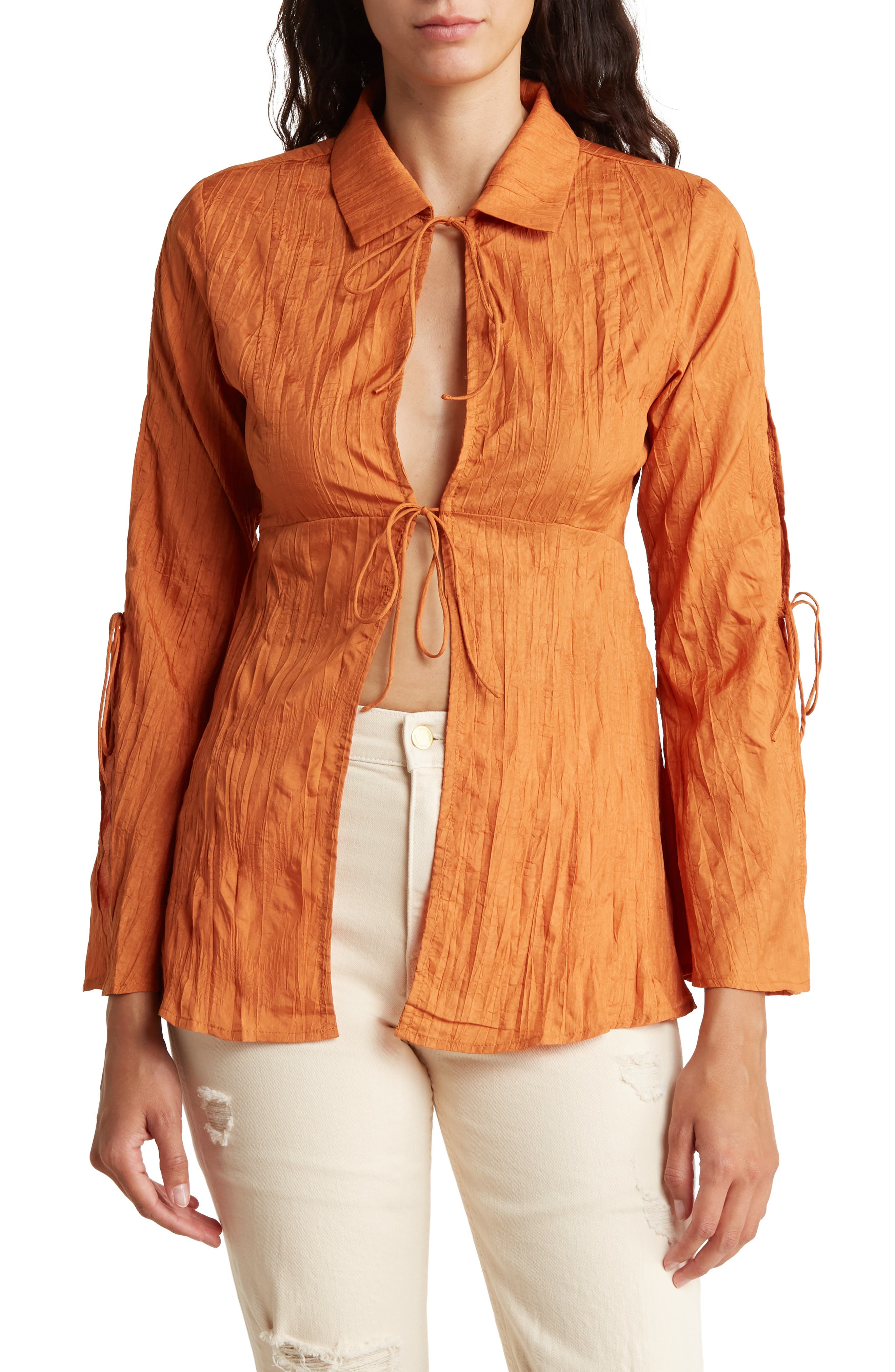 LUMIERE Crinkled Long Sleeve Tie Front Top | Nordstromrack