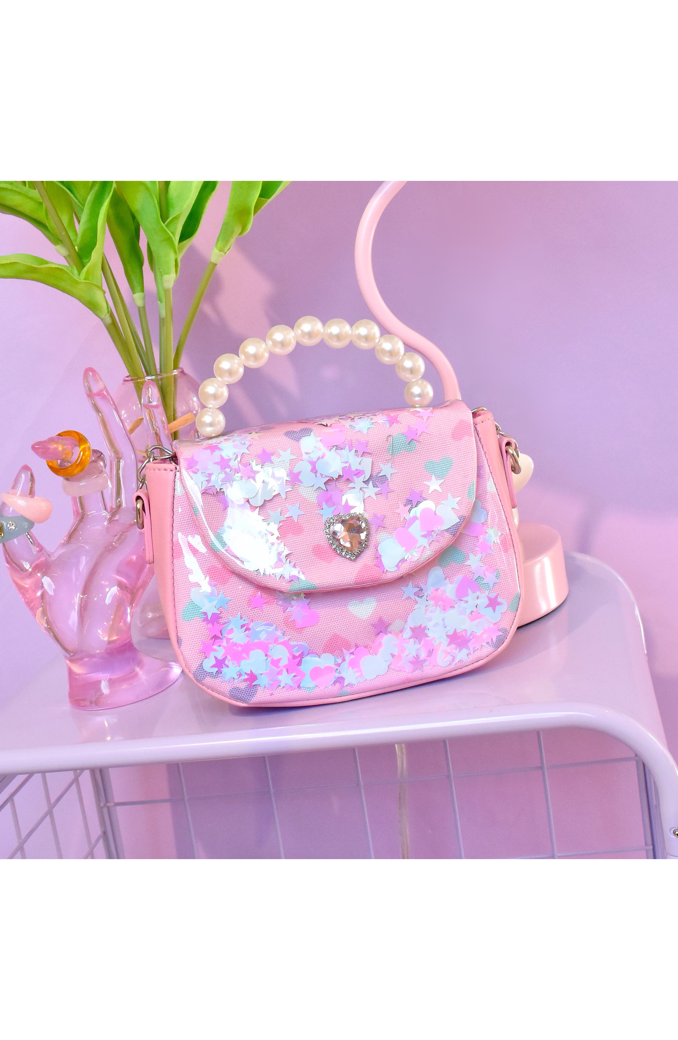 OMG Accessories Kids' Hearts Faux Pearl Handle Confetti Crossbody Bag ...