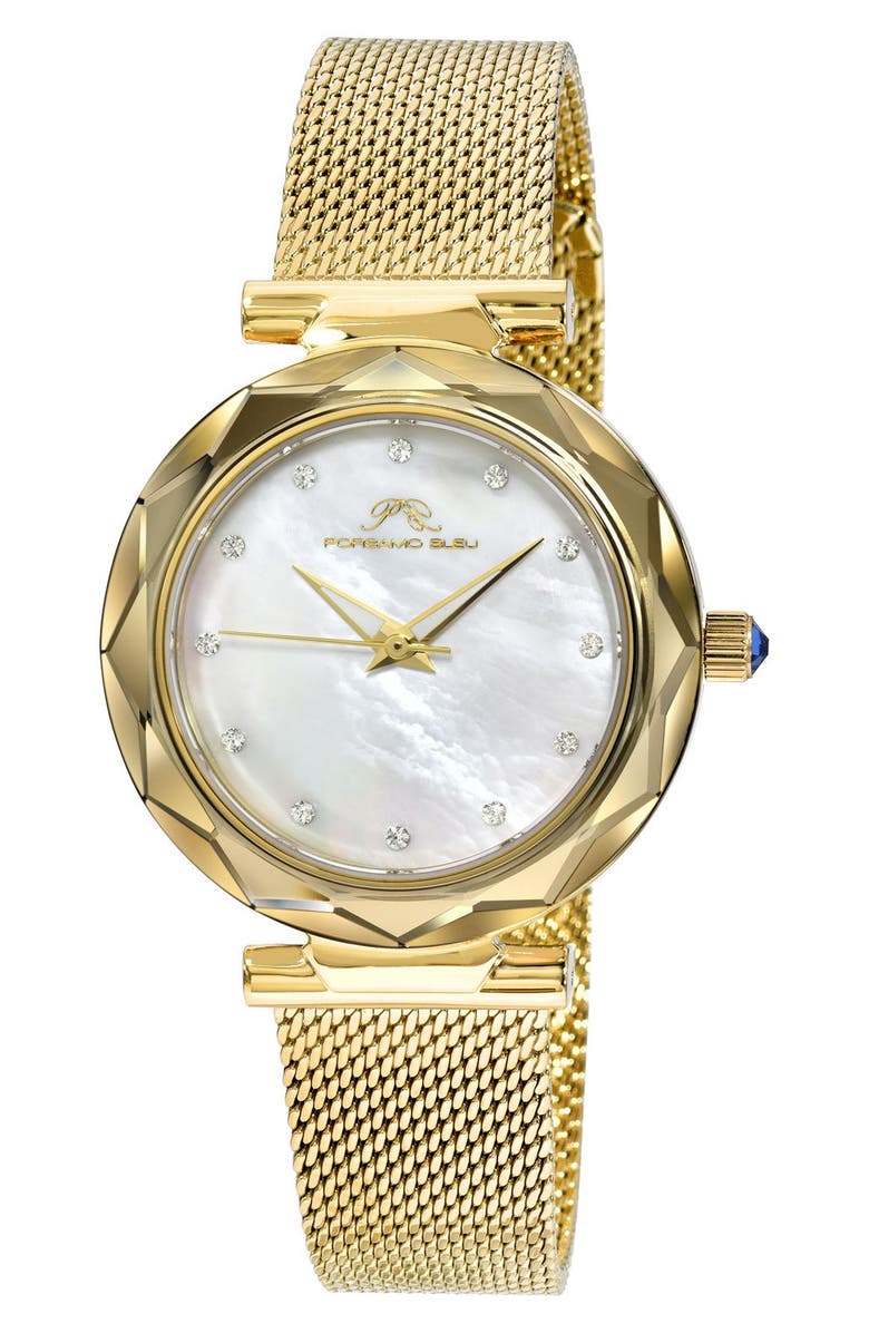 PORSAMO BLEU Hazel White Topaz Mother of Pearl Dial 3-Hand Quartz Mesh ...