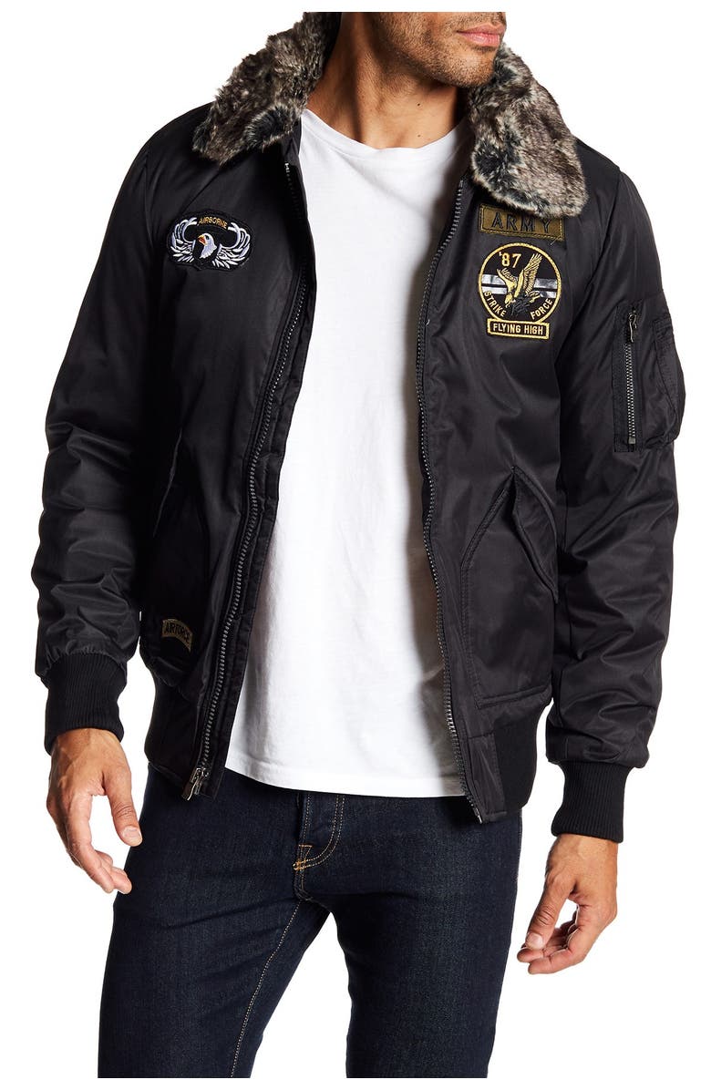 XRAY Faux Fur Trim Patch Embellished Flight Jacket | Nordstromrack