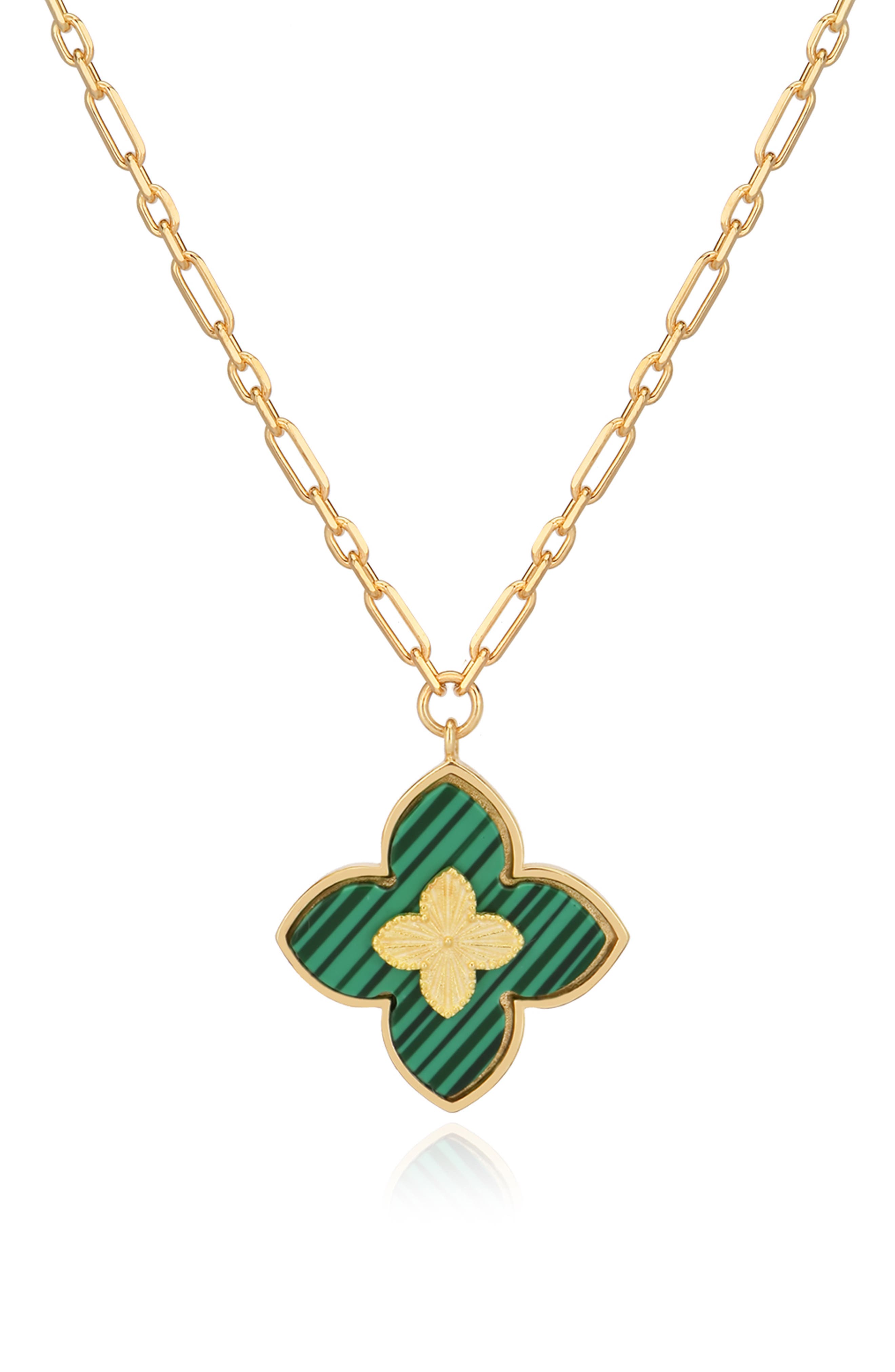 GABI RIELLE Sterling Silver & Malachite Clover Pendant Necklace ...