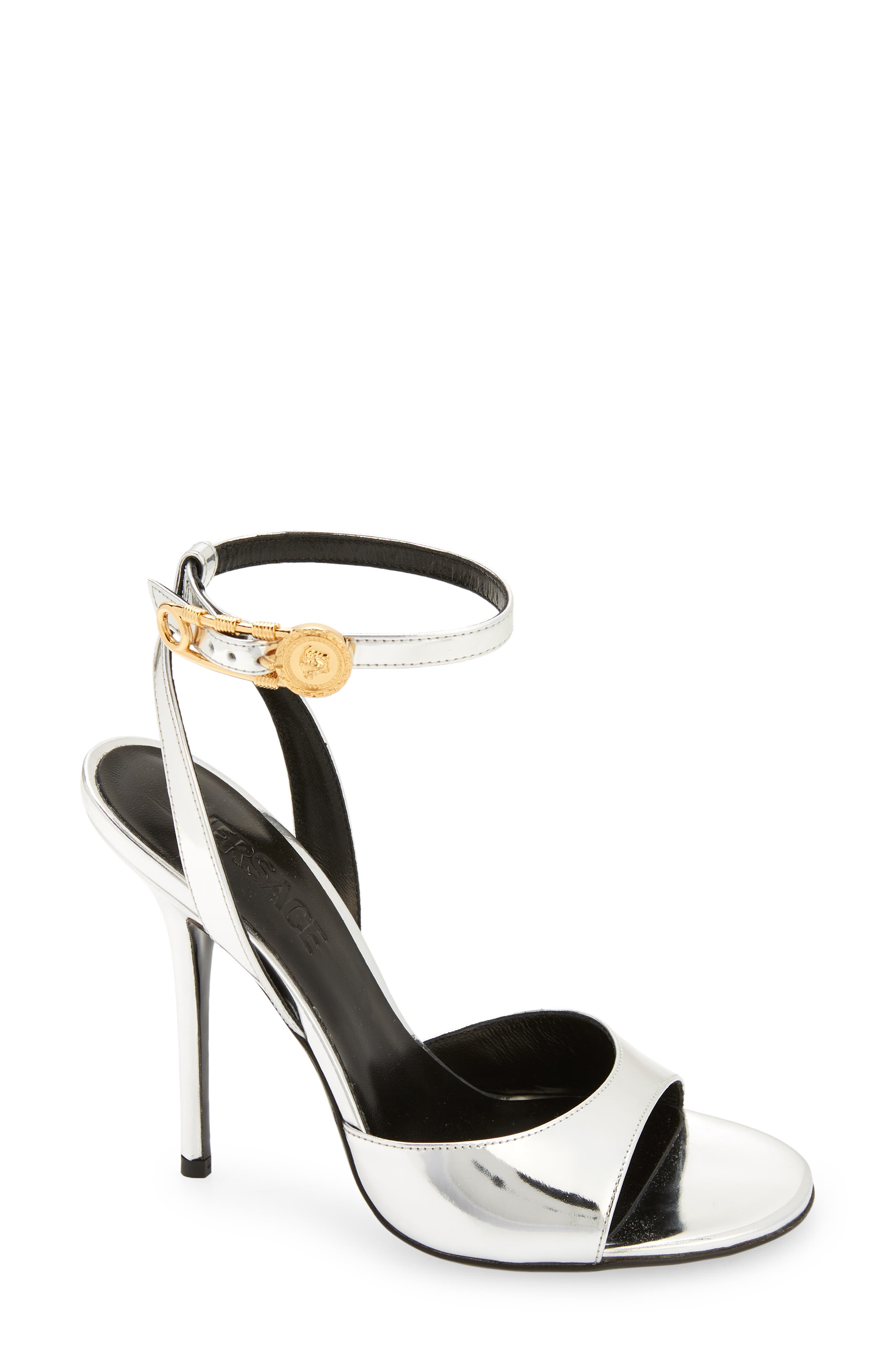 Versace Safety Pin Metallic Ankle Strap Sandal (Women) | Nordstromrack