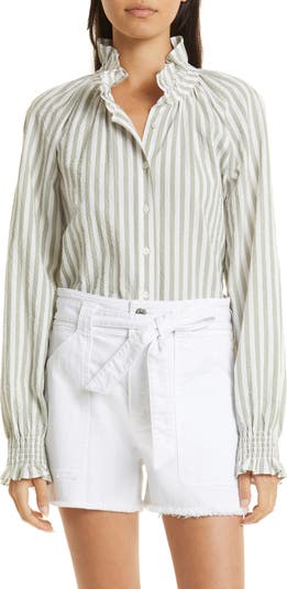 Veronica Beard Calisto Stripe Ruffle Stretch Cotton Shirt | Nordstrom