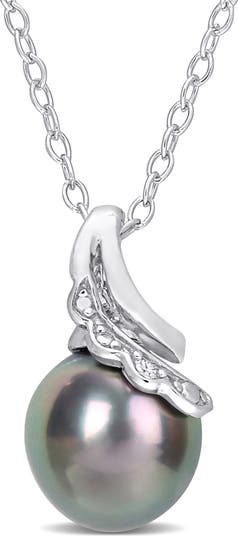 DELMAR Sterling Silver Diamond with 8-9mm Cultured Black Tahitian Pearl ...