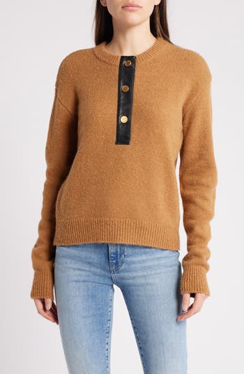 FRAME Leather Trim Half Button Alpaca Blend Sweater | Nordstromrack