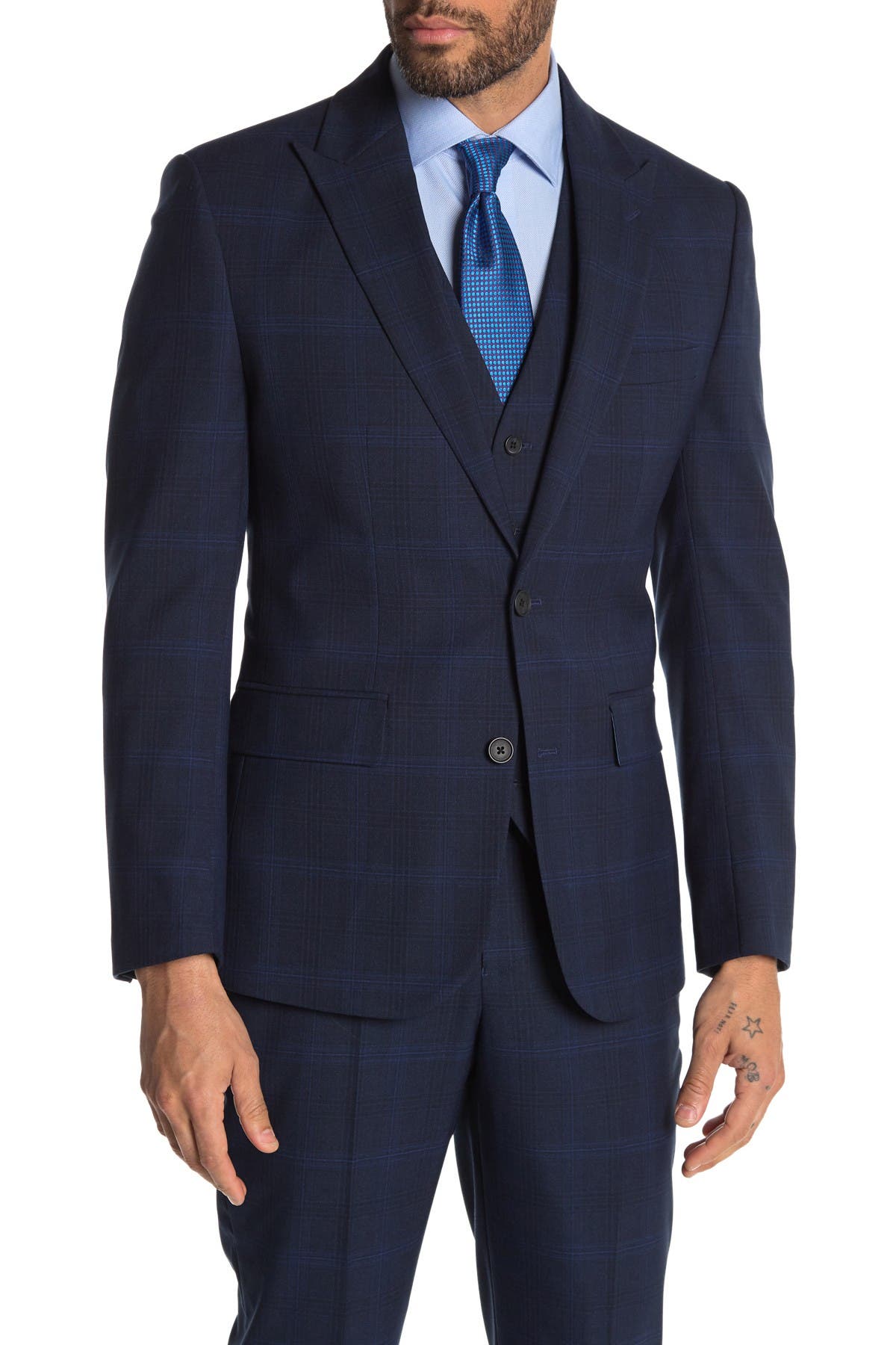 MOSS BROS Dark Blue Plaid Two Button Peak Lapel Tailored Fit Suit ...