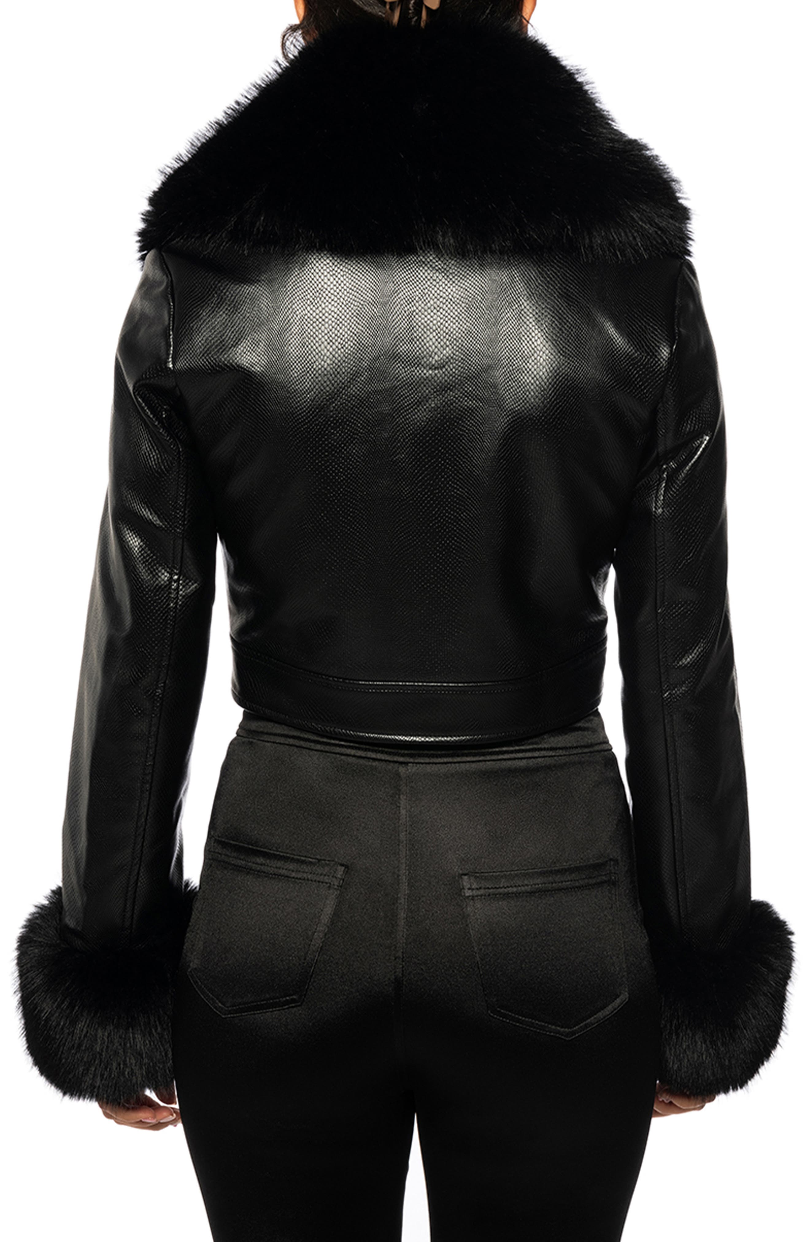 AZALEA WANG Gisele Faux Fur Trim Faux Leather Crop Jacket | Nordstrom