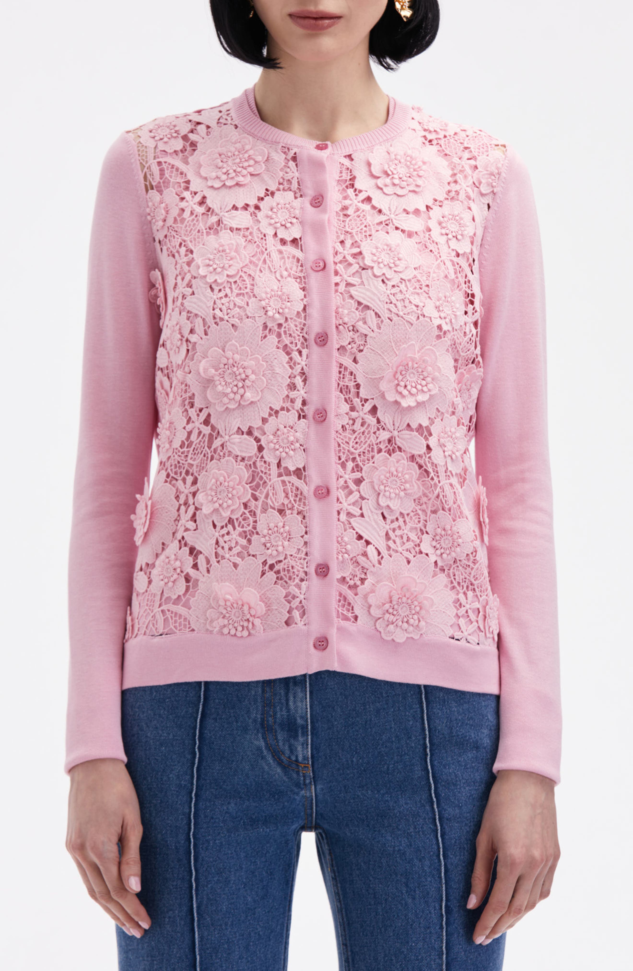 Oscar de la Renta Floral Guipure Lace Panel Silk Blend Cardigan ...