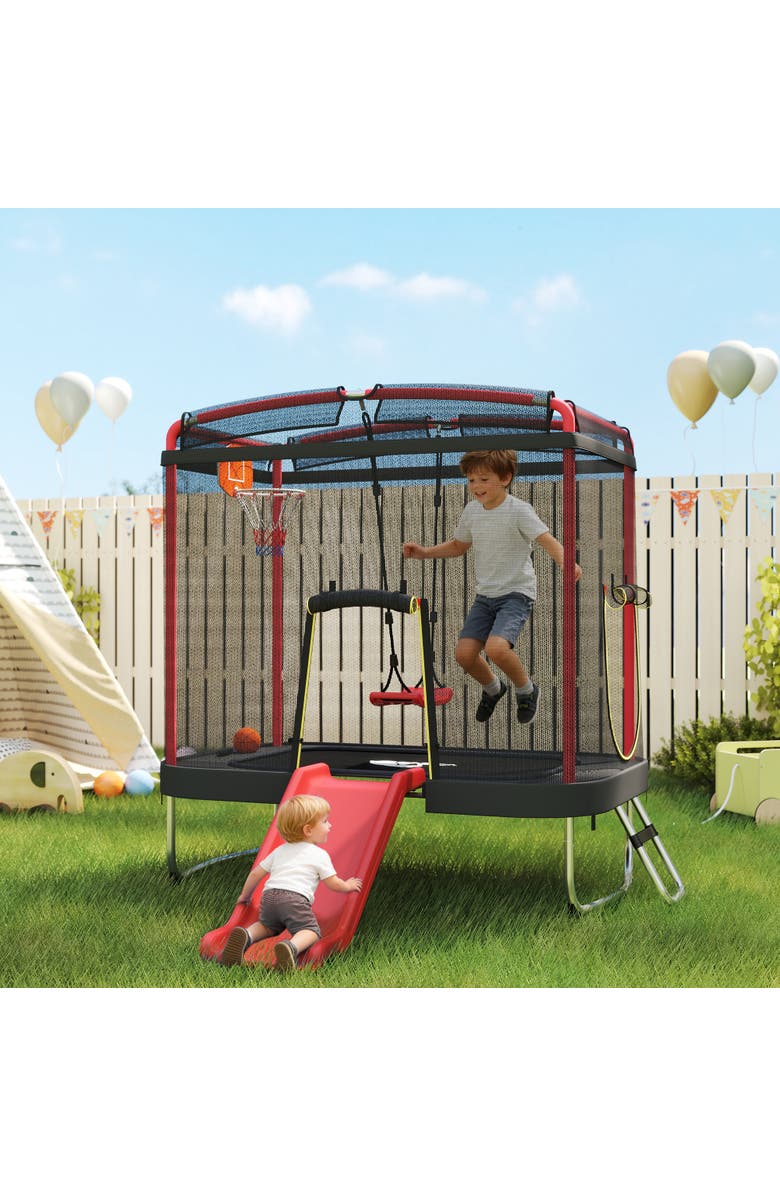 Qaba Kids Trampoline with Slide, Swing, Basketball Hoop and Safety ...