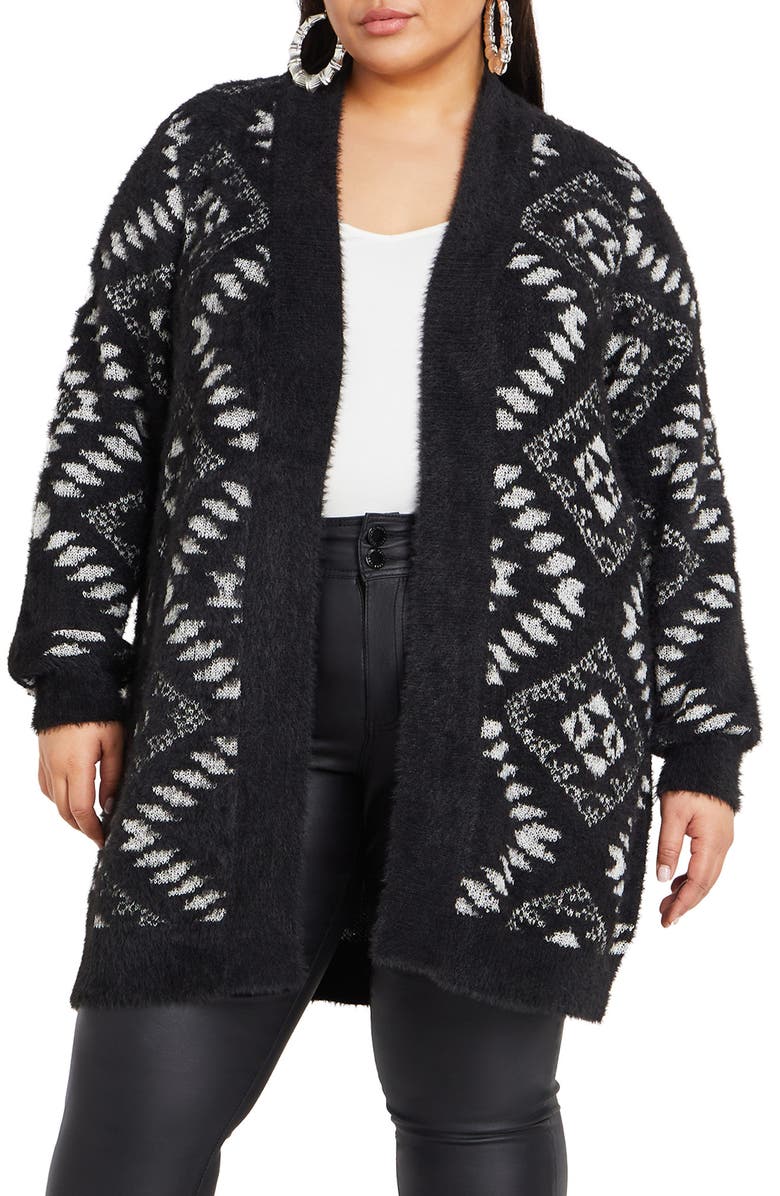 City Chic Fuzzy Geometric Longline Cardigan | Nordstromrack