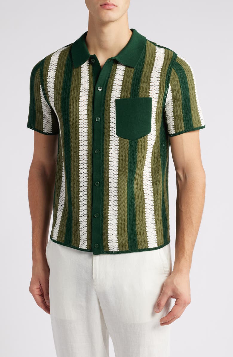Percival Pathos Stripe Crochet Short Sleeve Organic Cotton Button-Up ...