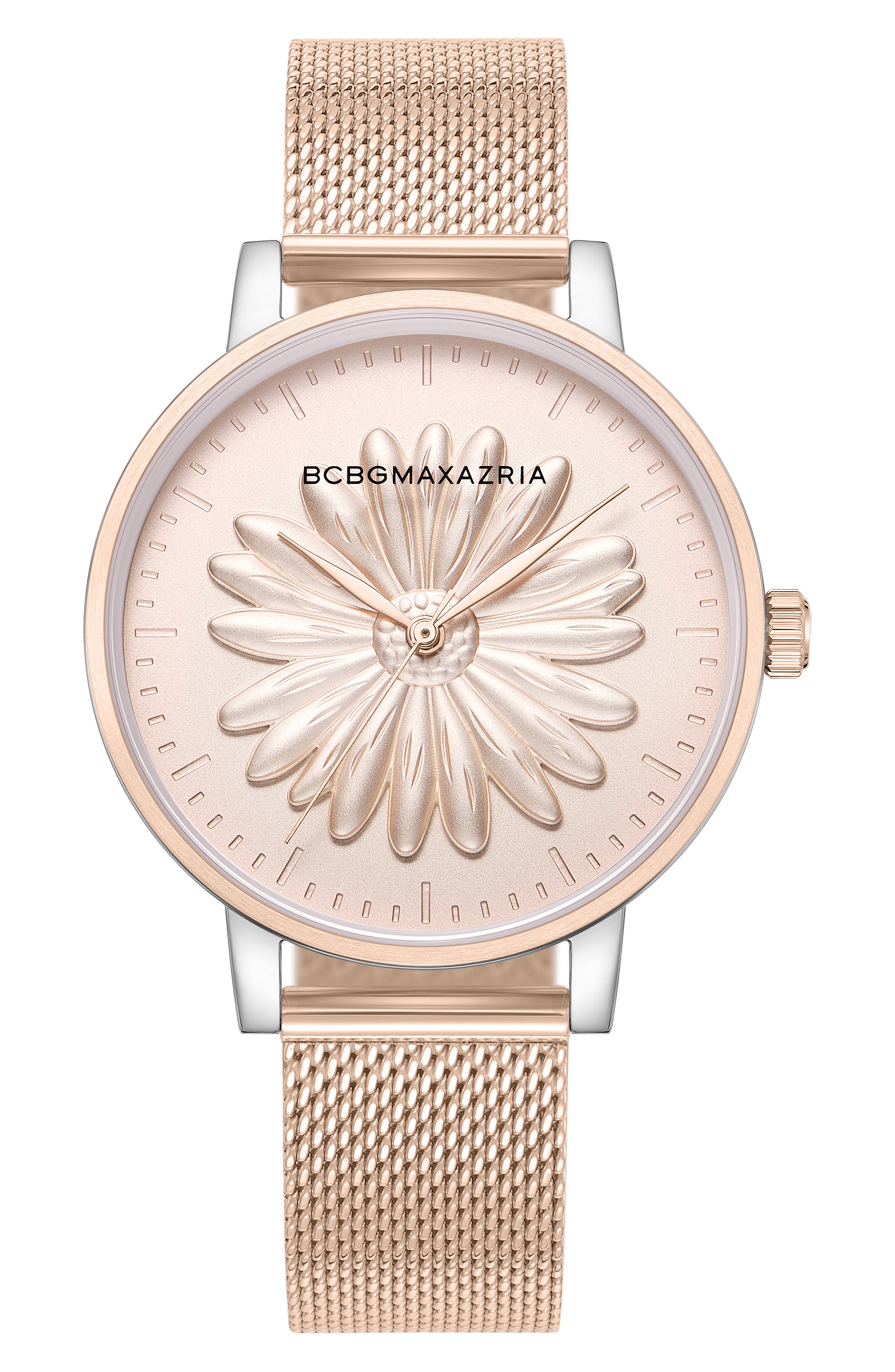 BCBG Max Azria 3D Flower Quartz Mesh Strap Watch, 38mm | Nordstromrack